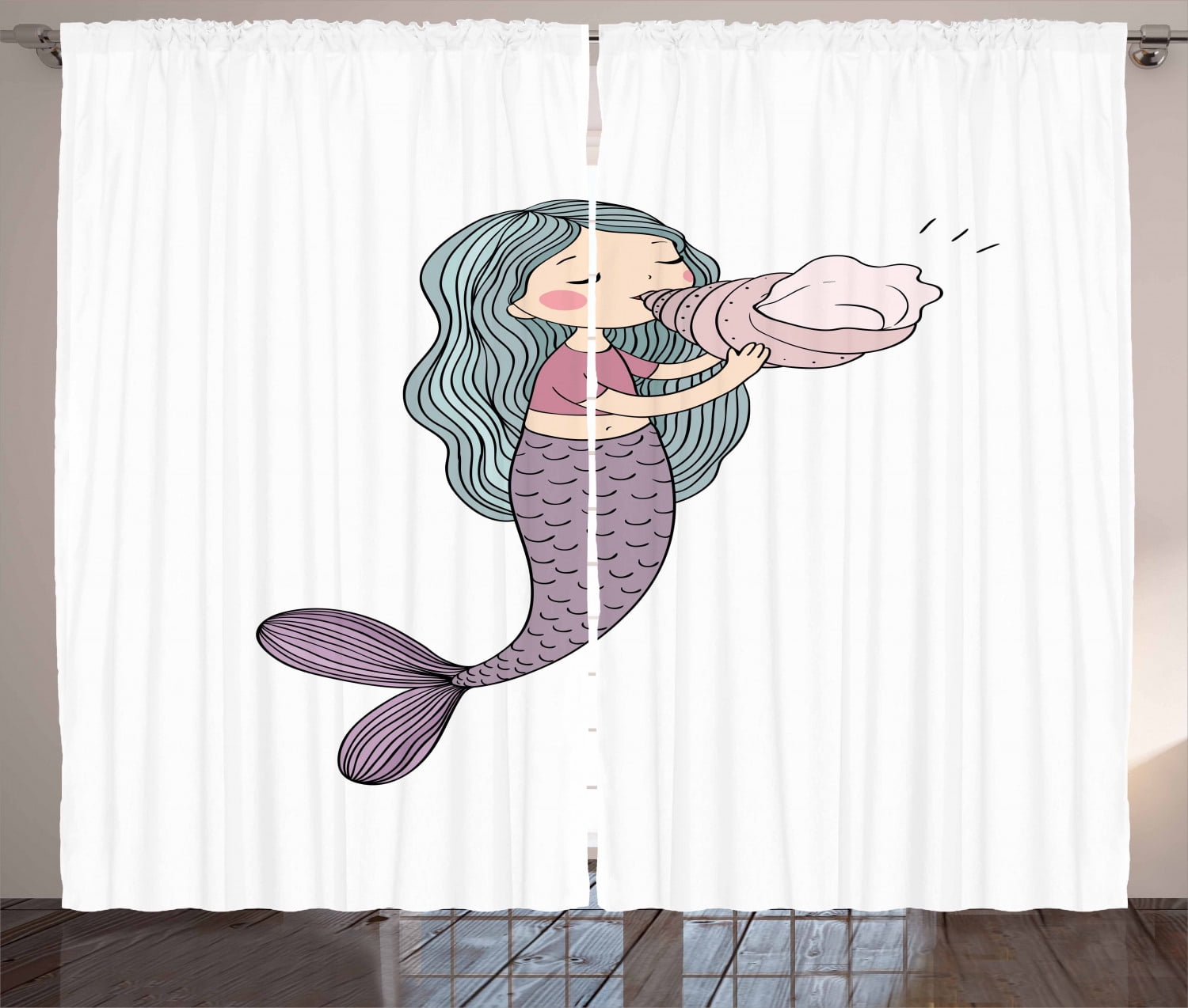 Ambesonne Mermaid Curtains 2 Panel Set, Girl Seashell, 108" x 90 ...