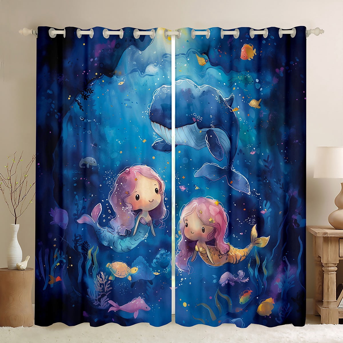 Mermaid Curtains Cute Cartoon Mermaid 30%-50% Blackout Curtains Ocean ...