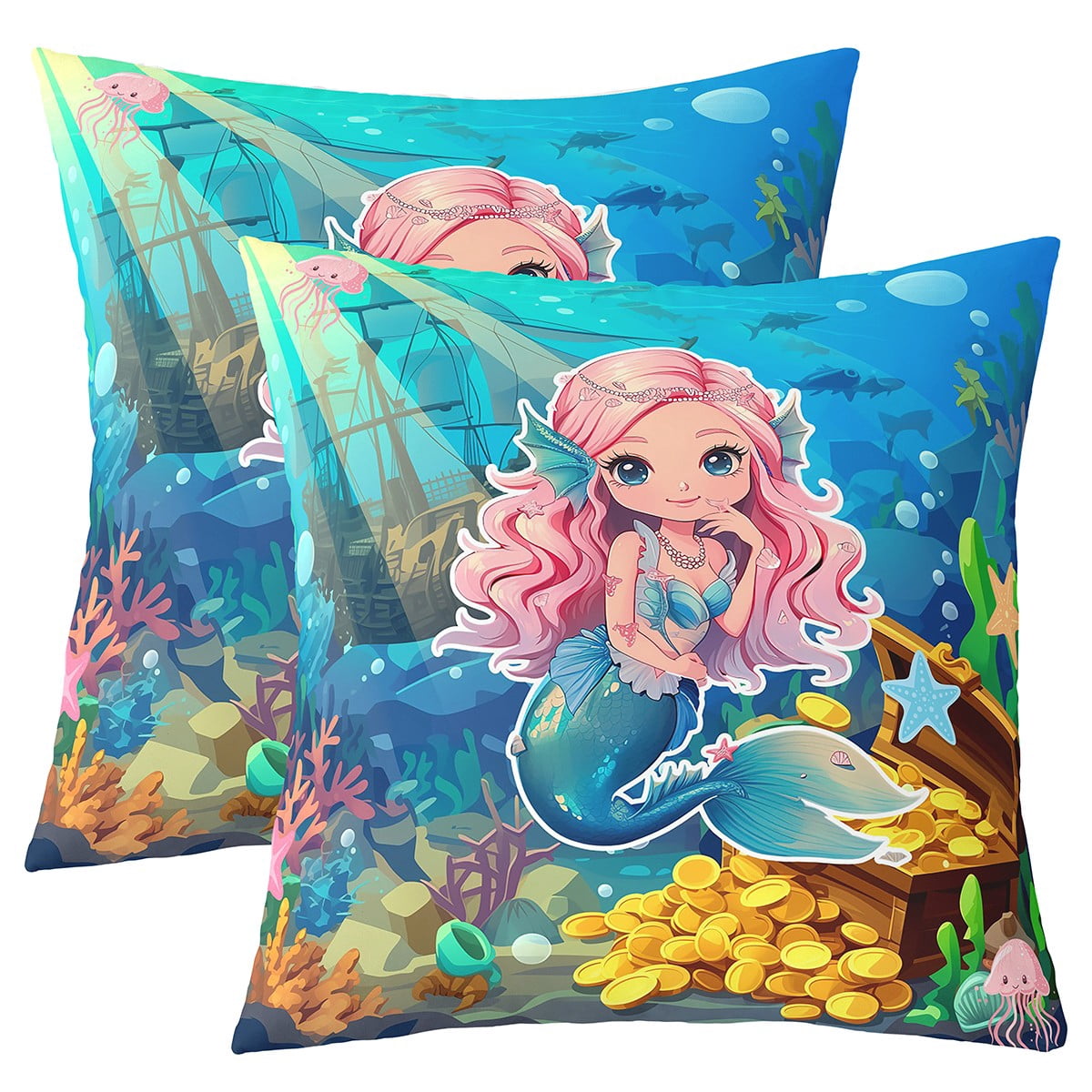 Mermaid Cushion Covers,Kawaii Mermaid Princess Pillow Covers,Coastal ...