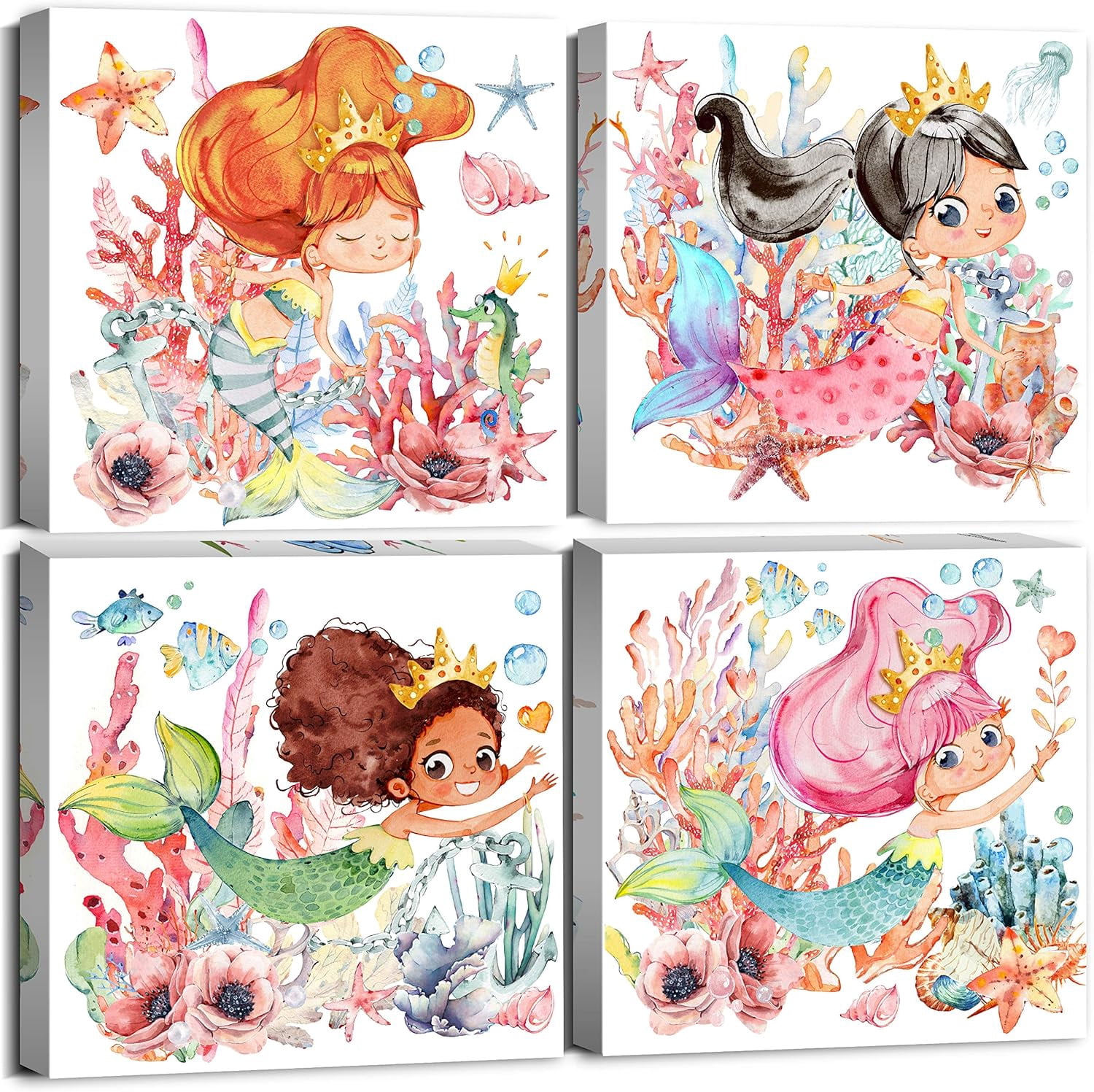 Mermaid Decor Canvas Wall Art Girls Room Pink Watercolor Paintings ...