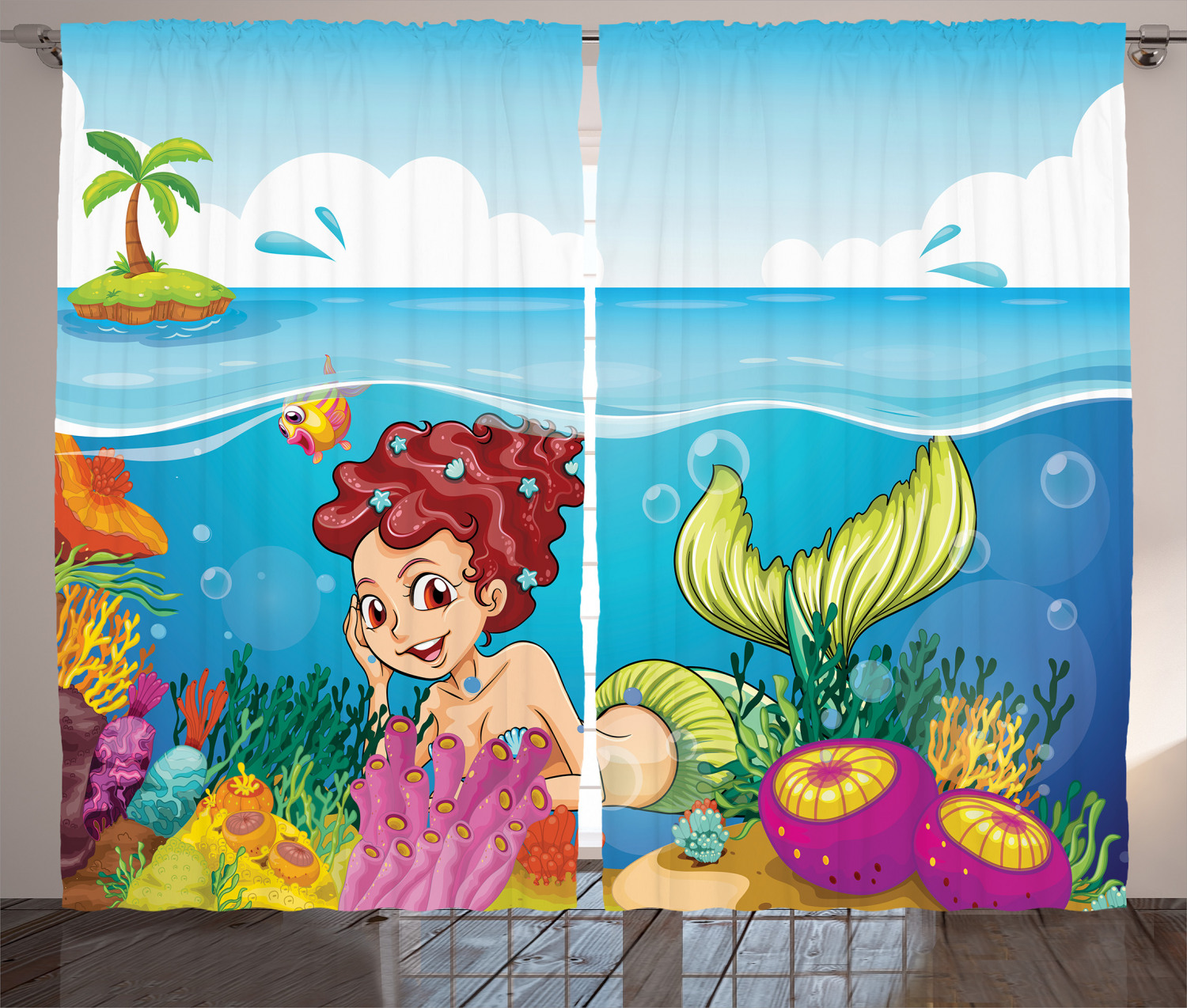 Ambesonne Mermaid Curtains 2 Panel Set, Palm Trees in Island, 108" x 84 ...