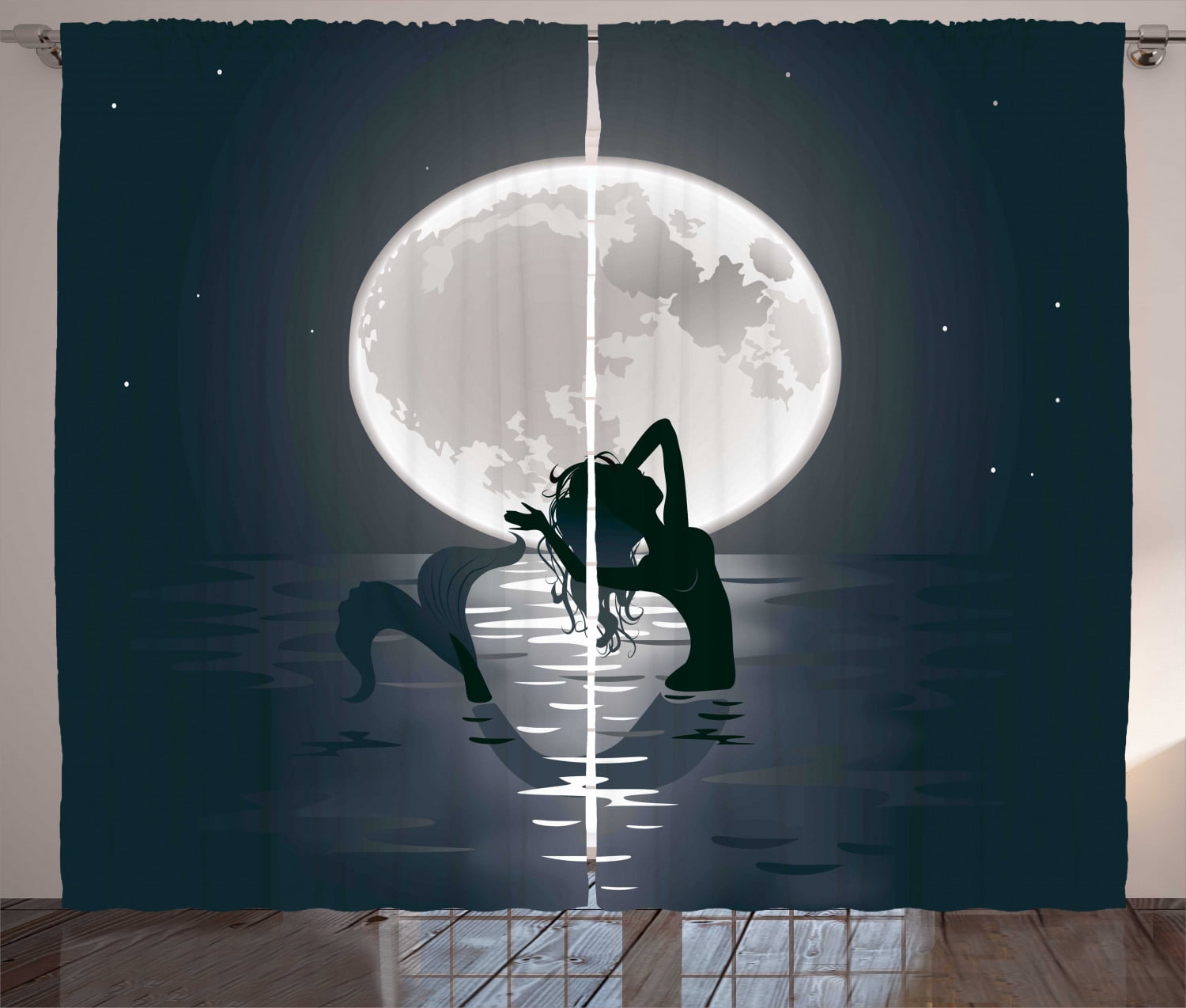 Mermaid Decor Curtains 2 Panels Set Mermaid Singing At Night