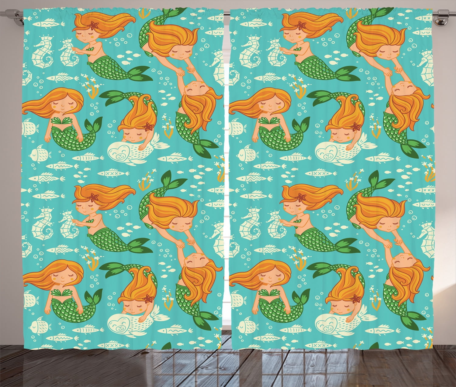 Ambesonne Mermaid Curtains 2 Panel Set, Cartoon Character Sea, 108" x ...