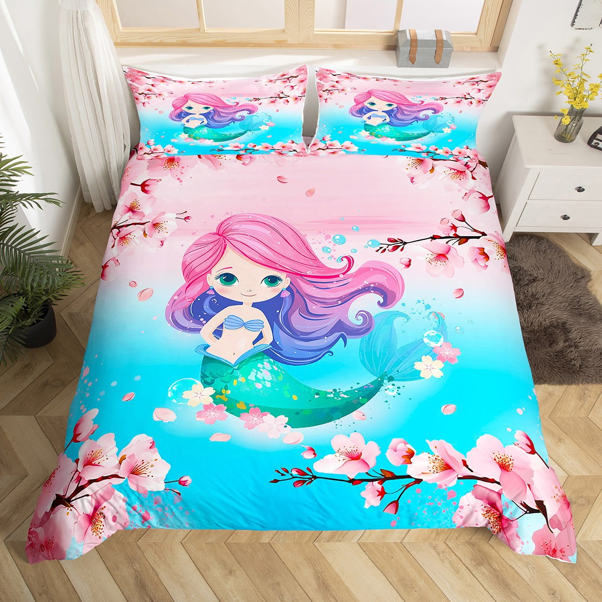 Mermaid Duvet Cover Nautical Sea Animal Queen Bedding Sets,Cherry ...