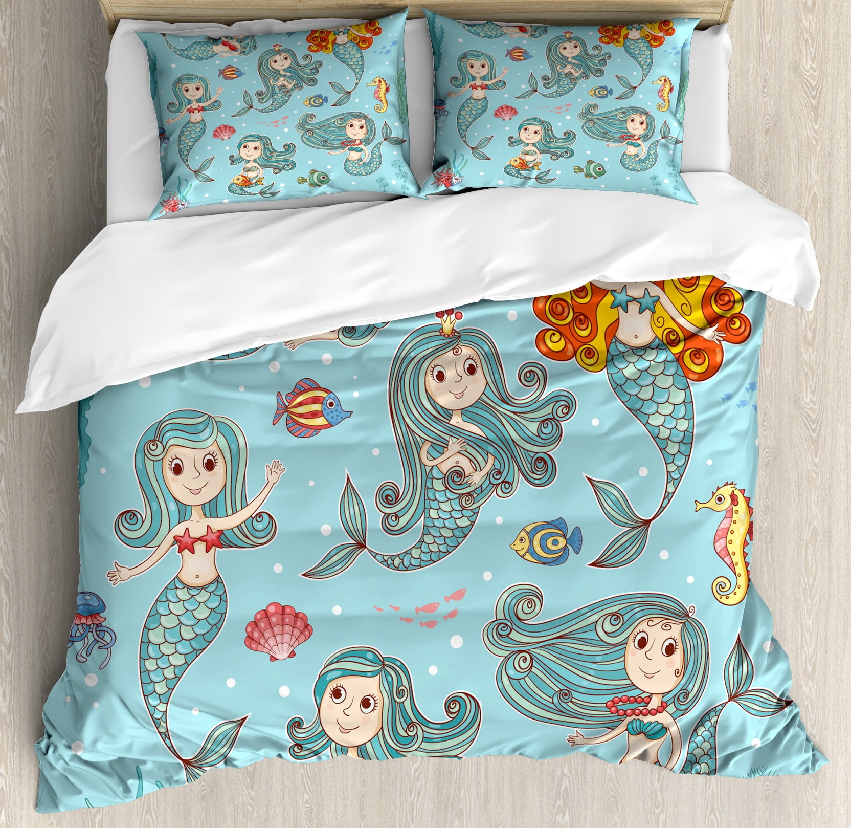 Mermaid Duvet Cover Set, Composition Girls Different Types of Sea ...