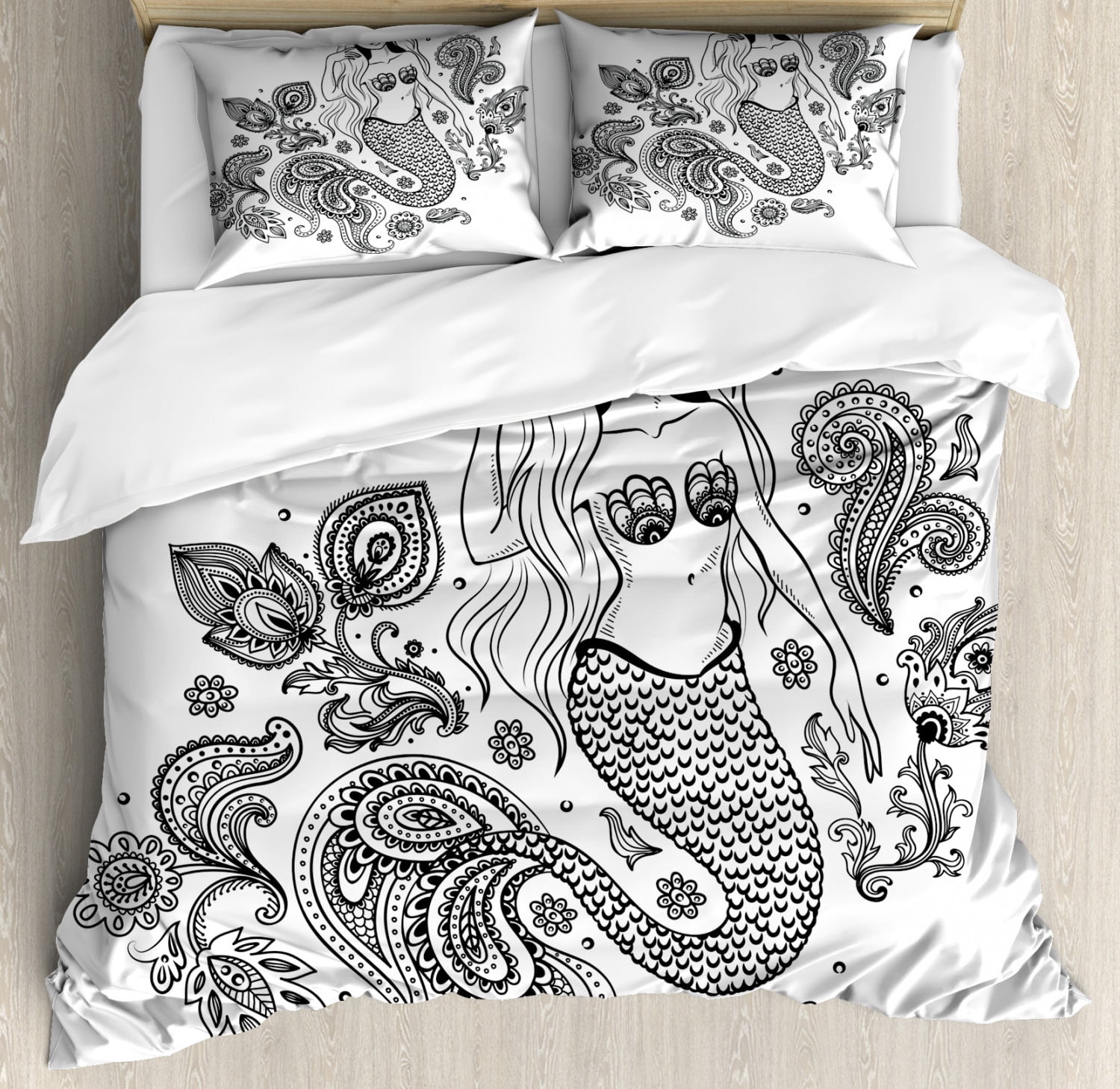 Mermaid Duvet Cover Set King Size, Mermaid Figure with Ornate Paisley ...