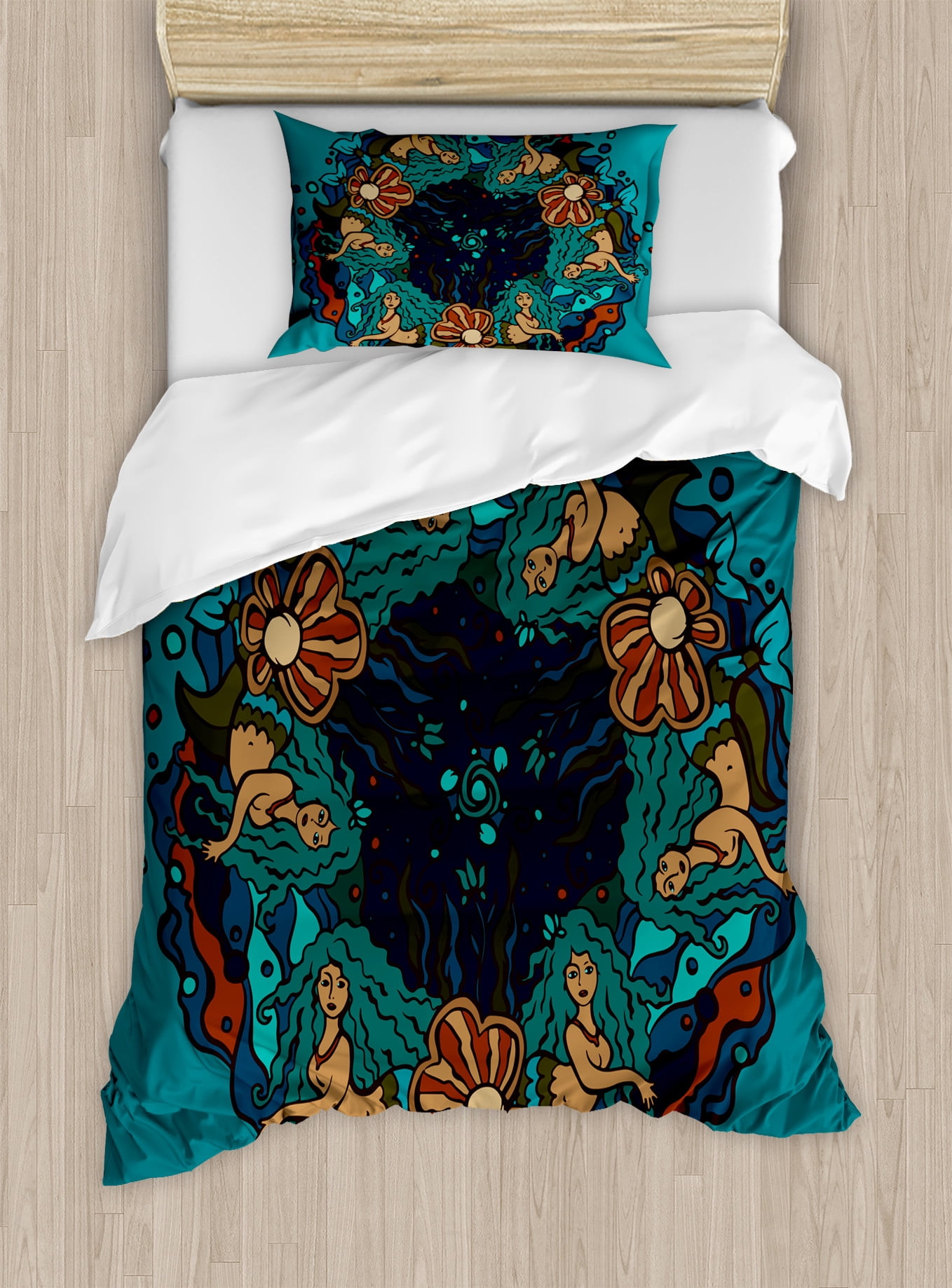 Mermaid Duvet Cover Set, Marine Theme Circle of Mermaids Illustration ...