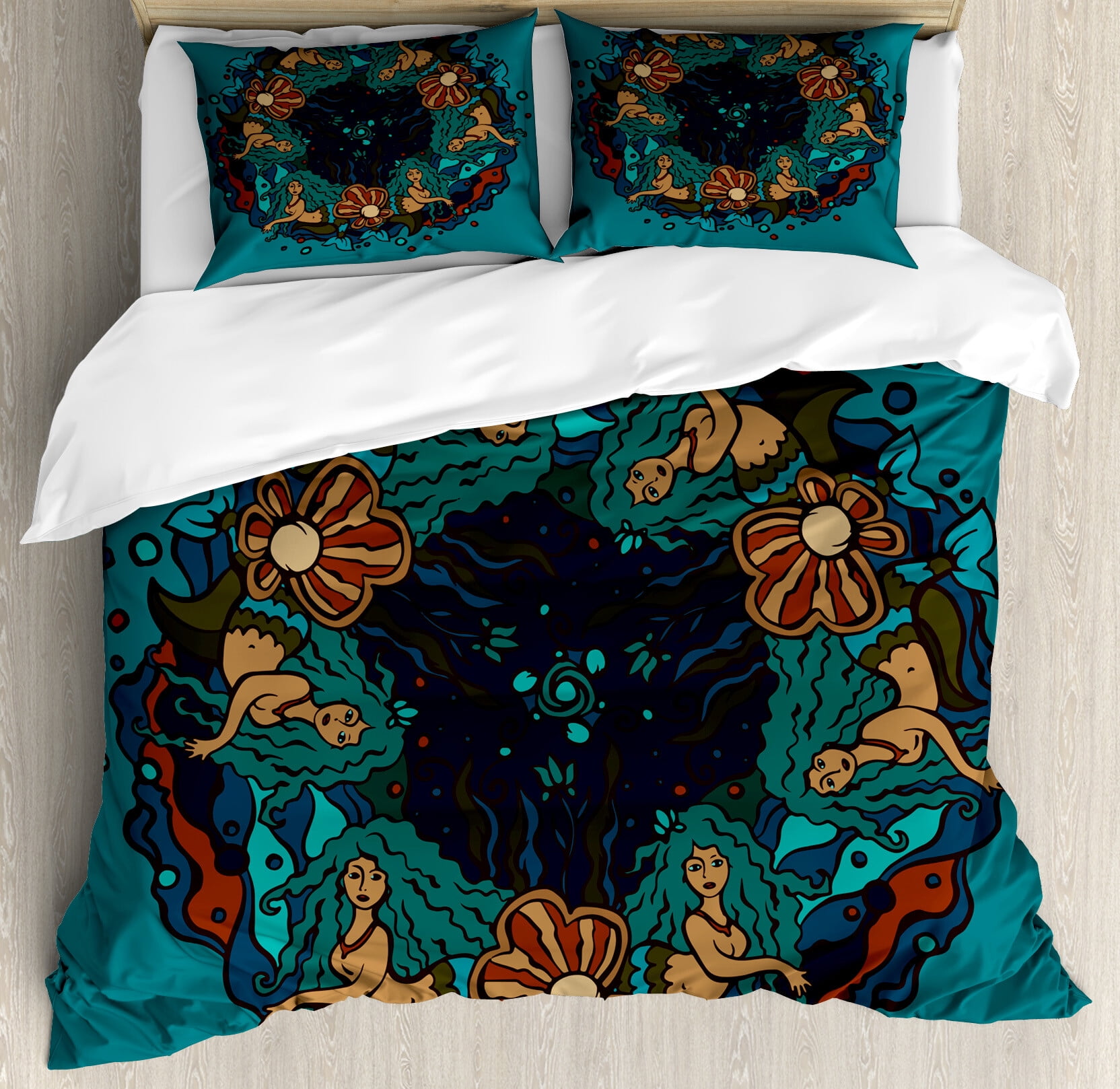 Mermaid Duvet Cover Set, Marine Theme Circle of Mermaids Illustration ...