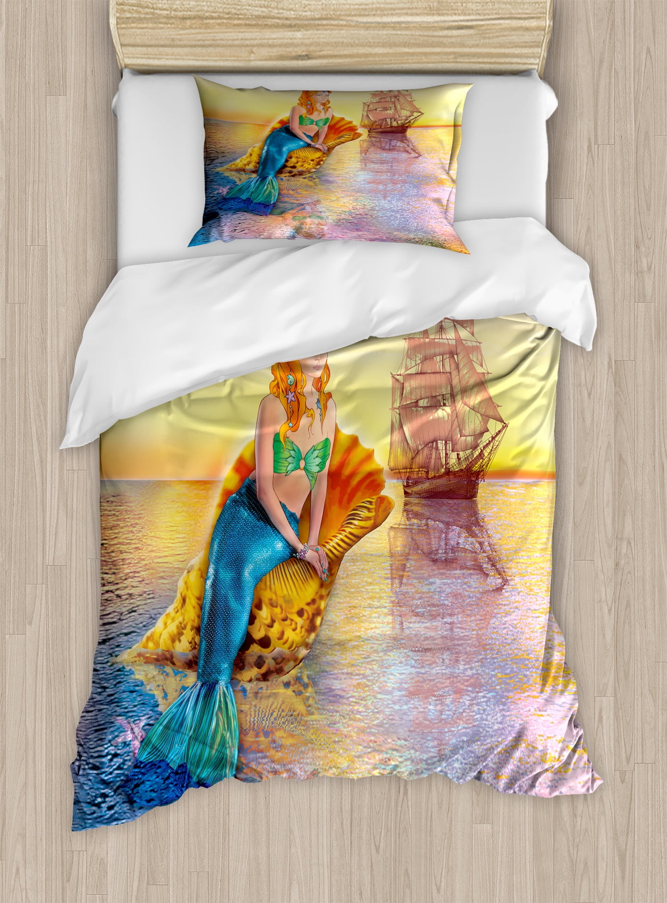 Mermaid Duvet Cover Set, Mythical Sitting on a Giant Seashell in the ...
