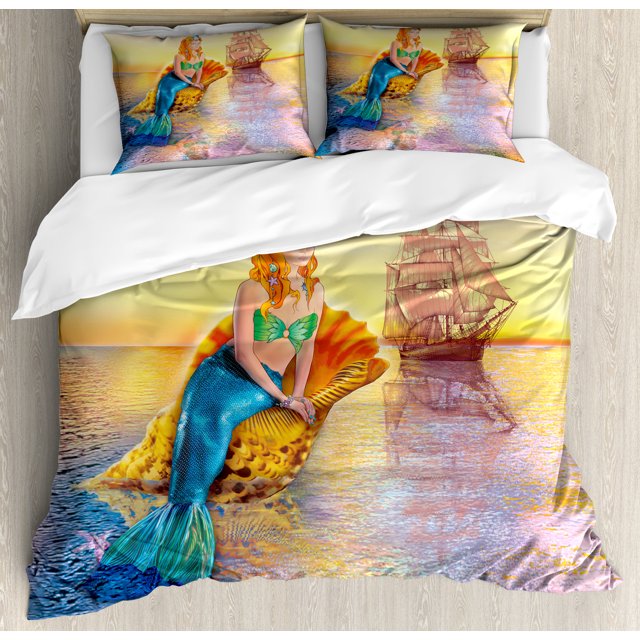 Mermaid Duvet Cover Set, Mythical Sitting on a Giant Seashell in the ...
