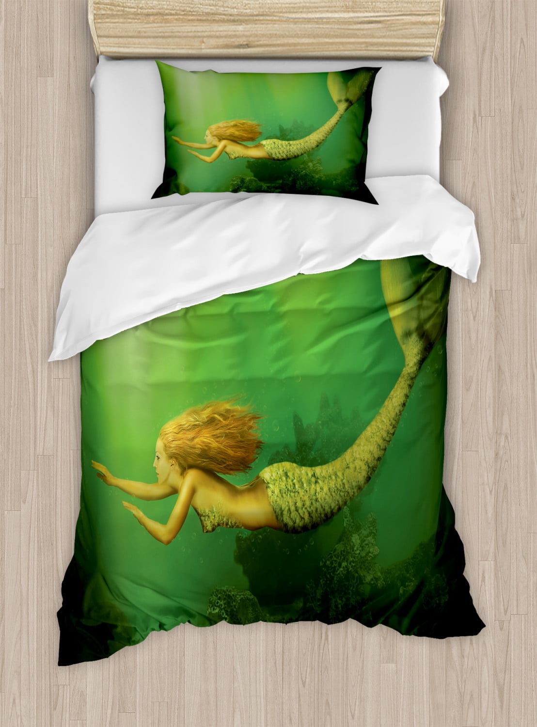 Mermaid Duvet Cover Set Twin Size, Mermaid With Fish Tail Swimming in ...