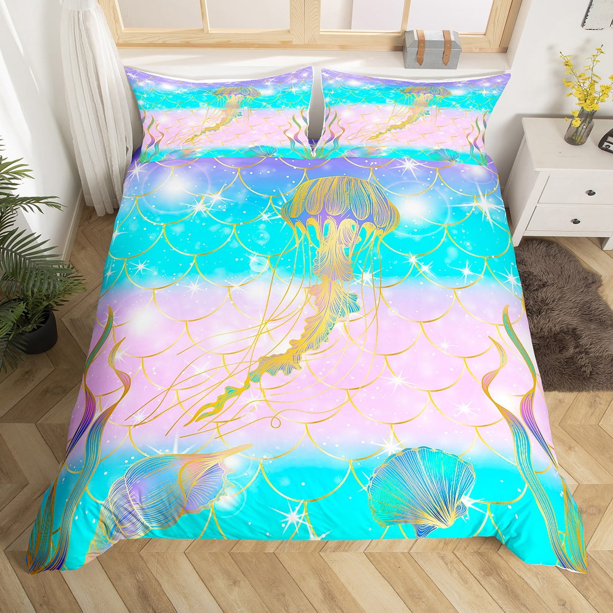 Mermaid Fish Scale Comforter Cover Queen For Girls, Jellyfish Ocean ...