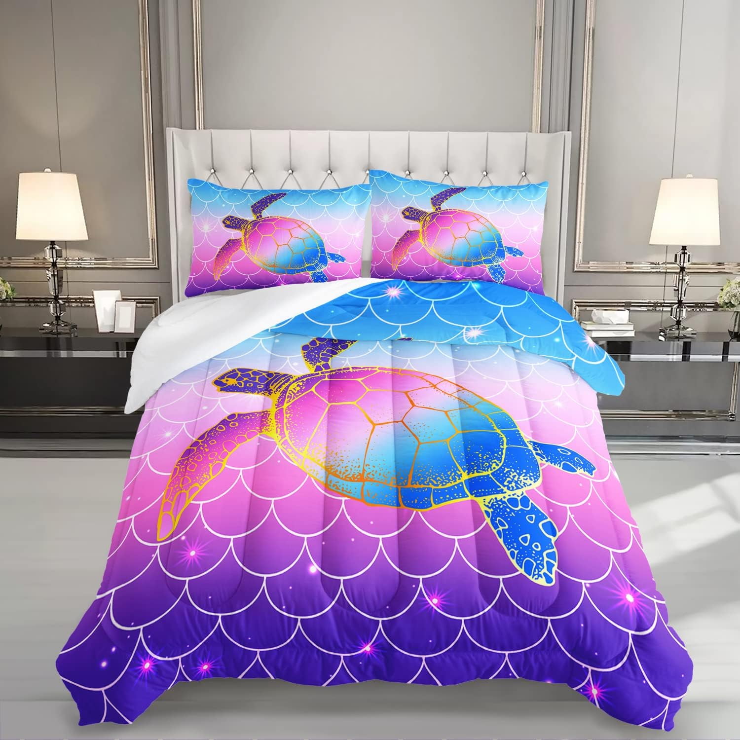 Mermaid Fish Scales Bedding Sets, Sea Turtle Comforter Rainbow Bedding ...