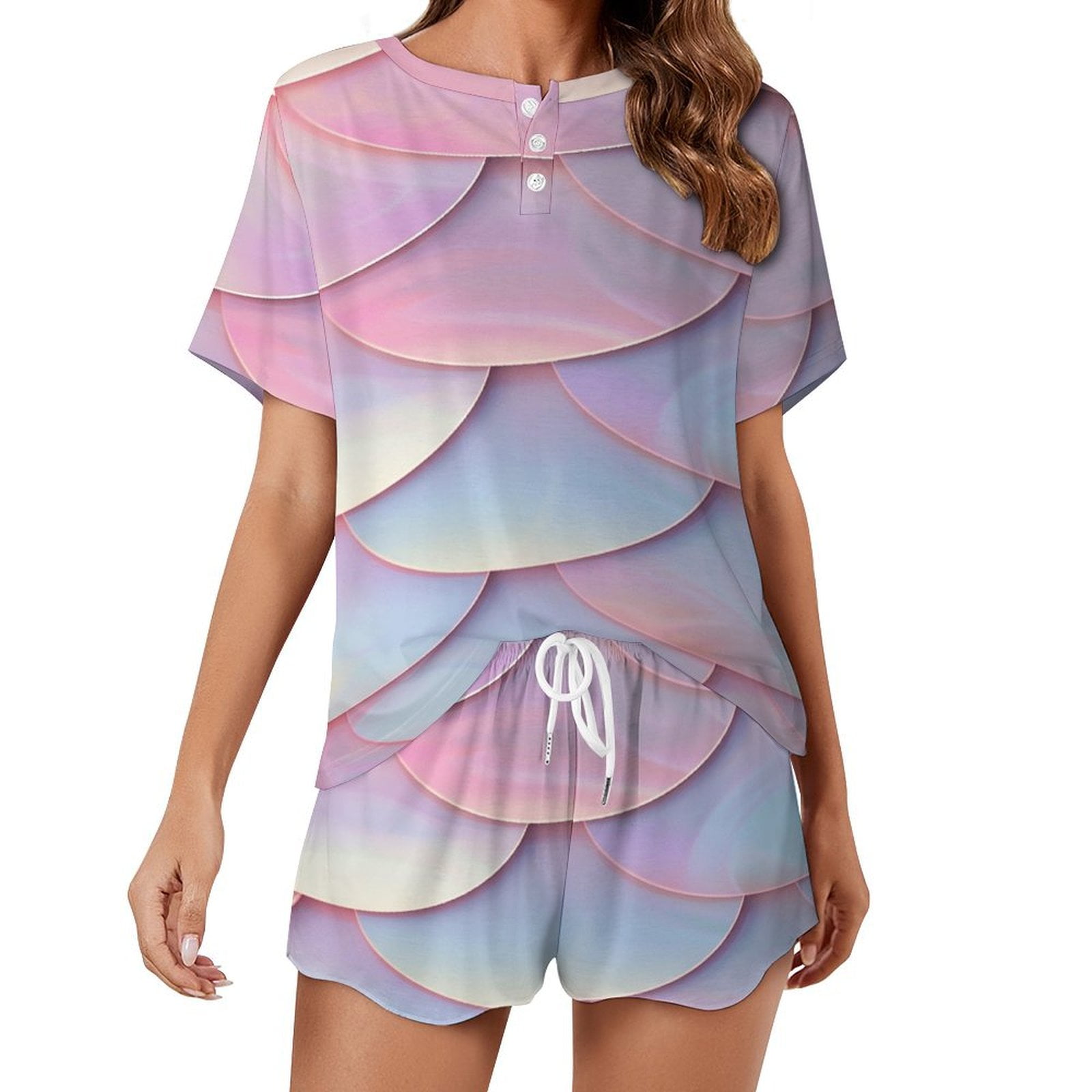 Mermaid Fish Scales Women's Ruffle Short Sleeve Tops And Shorts Cute ...