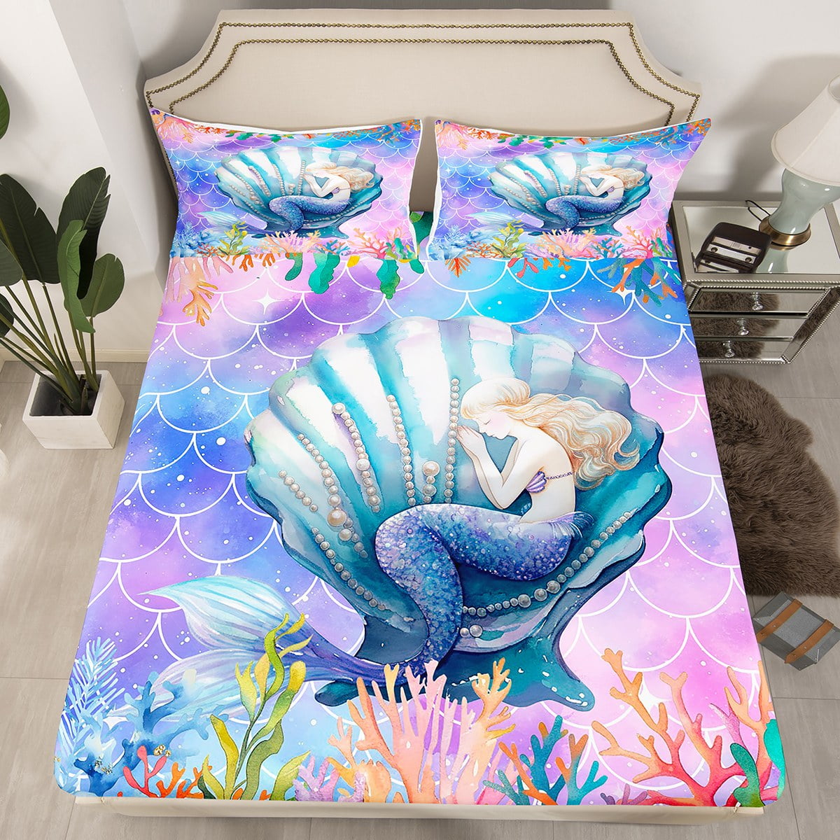 Mermaid Fitted Sheet Full 3 Pcs,Watercolor Underwater World Sheets Sets ...