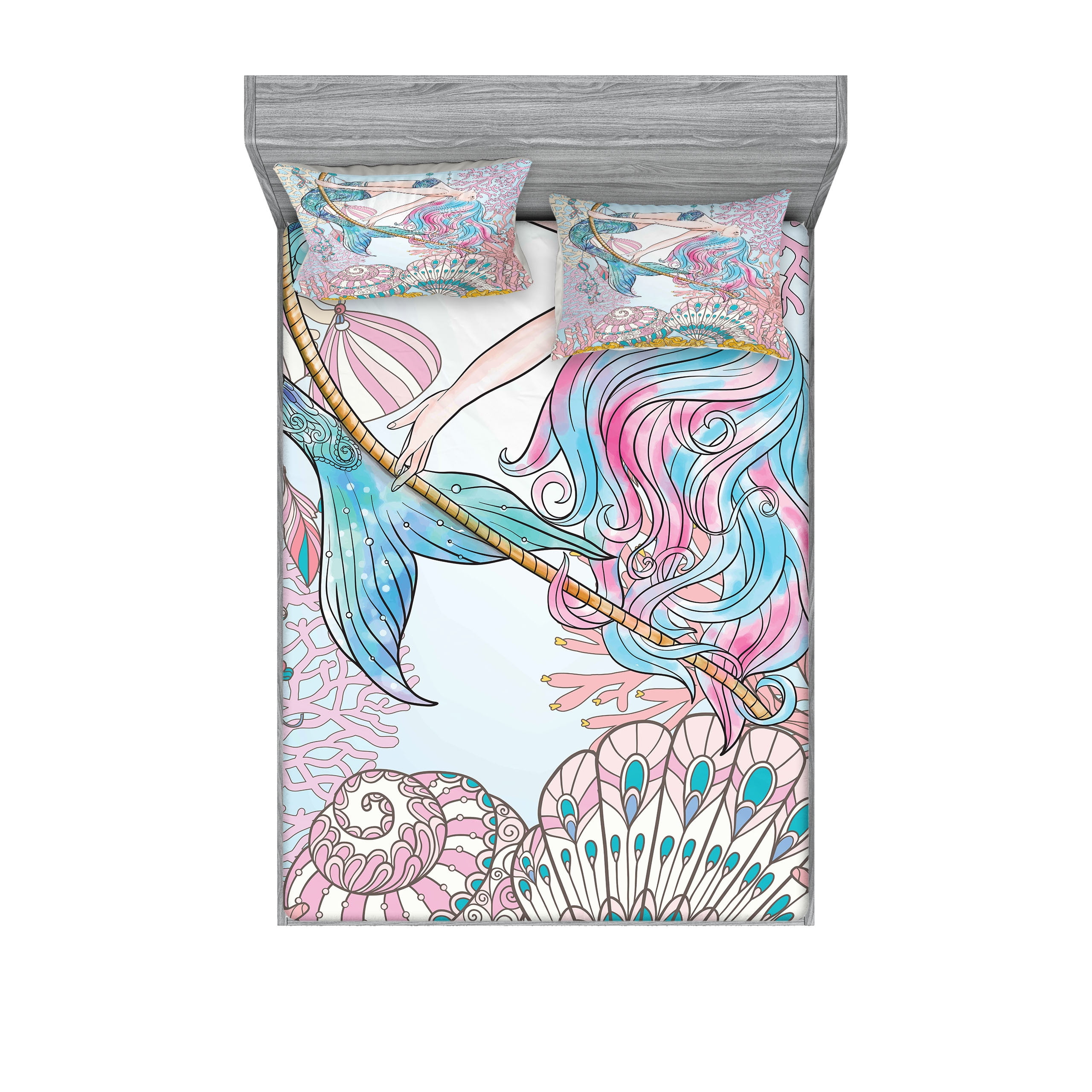 Mermaid Fitted Sheet & Pillow Sham Set, Cartoon Woman in Sea Sirens of ...