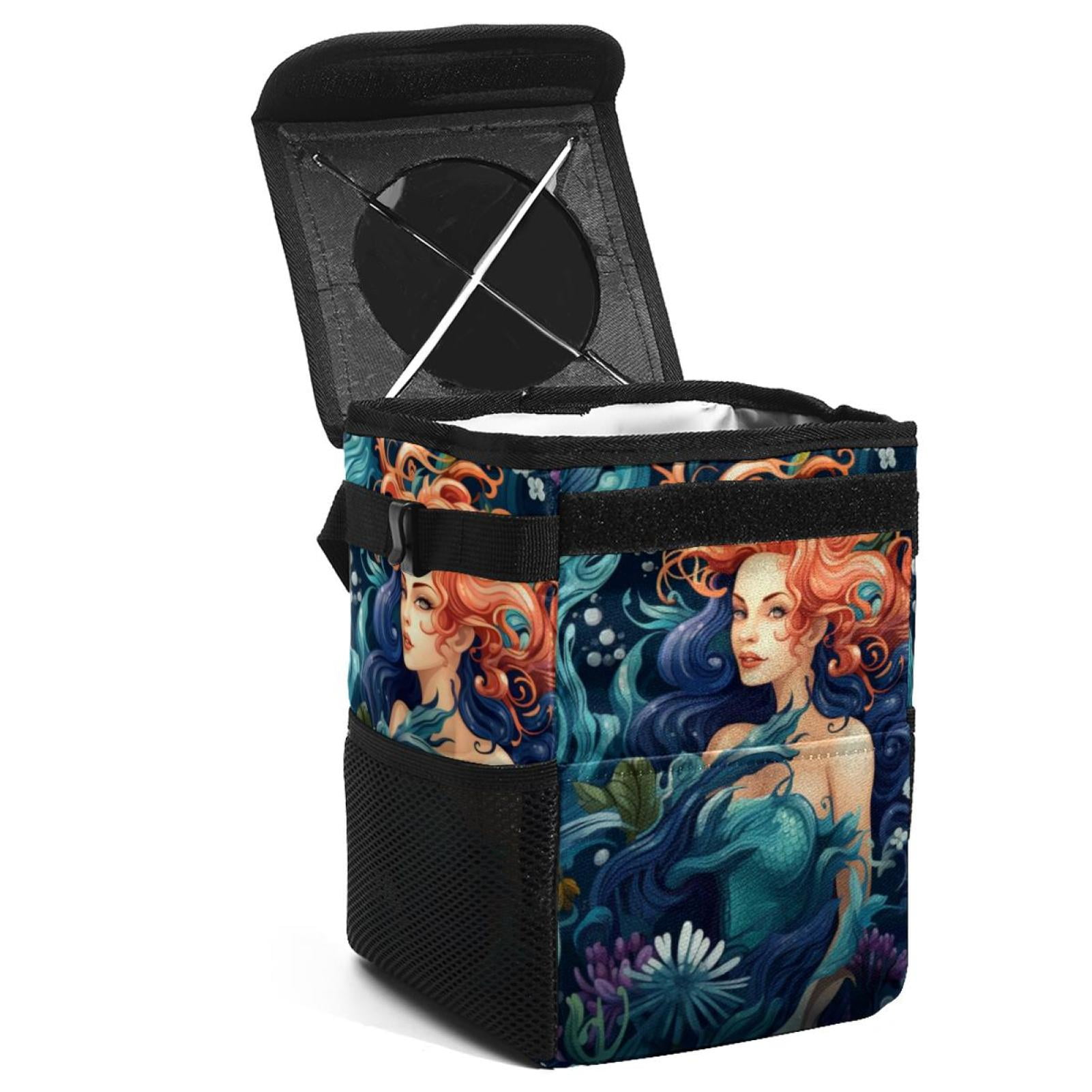 Mermaid Foldable Car Trash Bin with Lid, Leak-proof Mini Garbage Can ...