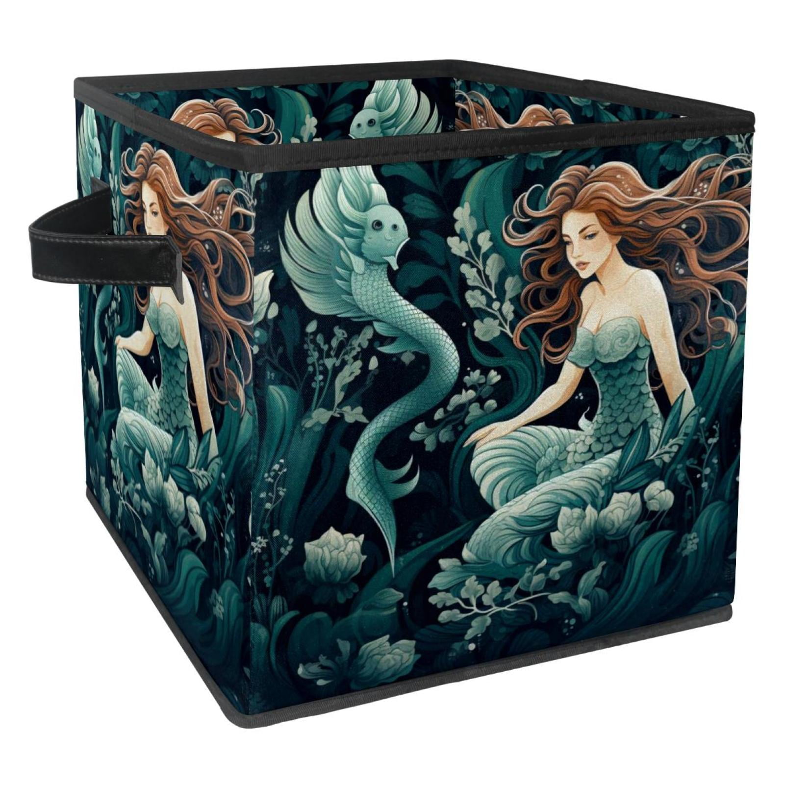 Mermaid Foldable Clothes Storage Baskets with Handle - 10.8"x10.5"x10.6 ...