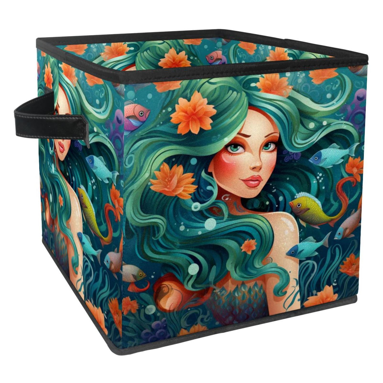 Mermaid Foldable Clothes Storage Baskets with Handle - 10.8"x10.5"x10.6 ...