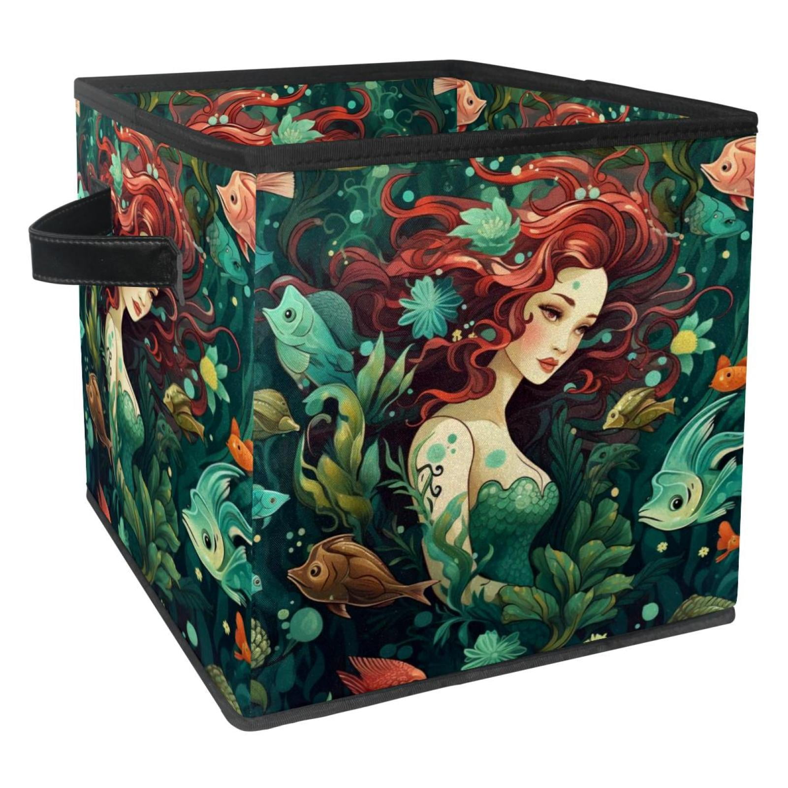 Mermaid Foldable Storage Basket with Handle, 10.8"X10.5"X10.6", Large ...