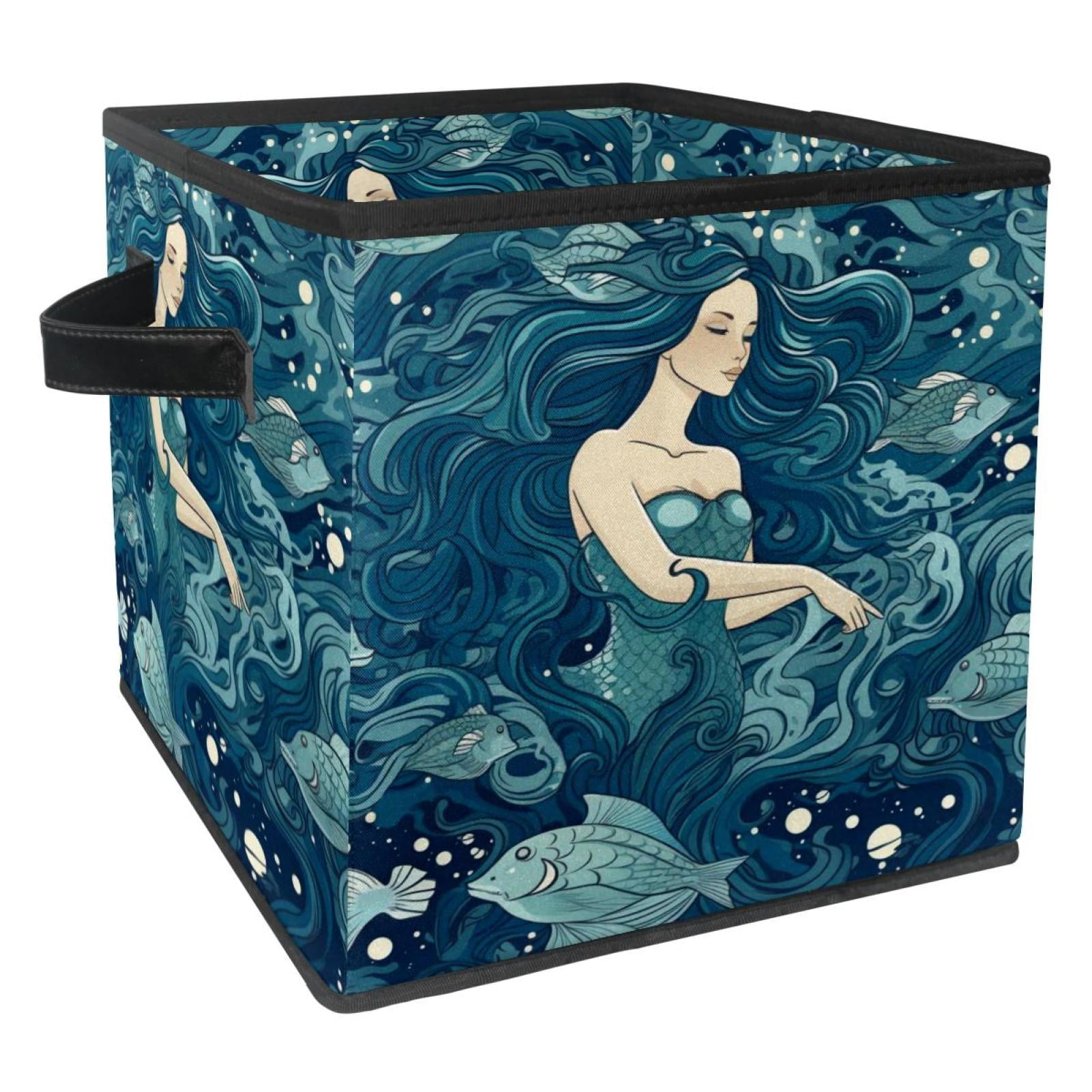 Mermaid Foldable Storage Basket with Handle, 10.8"x10.5"x10.6" Large ...