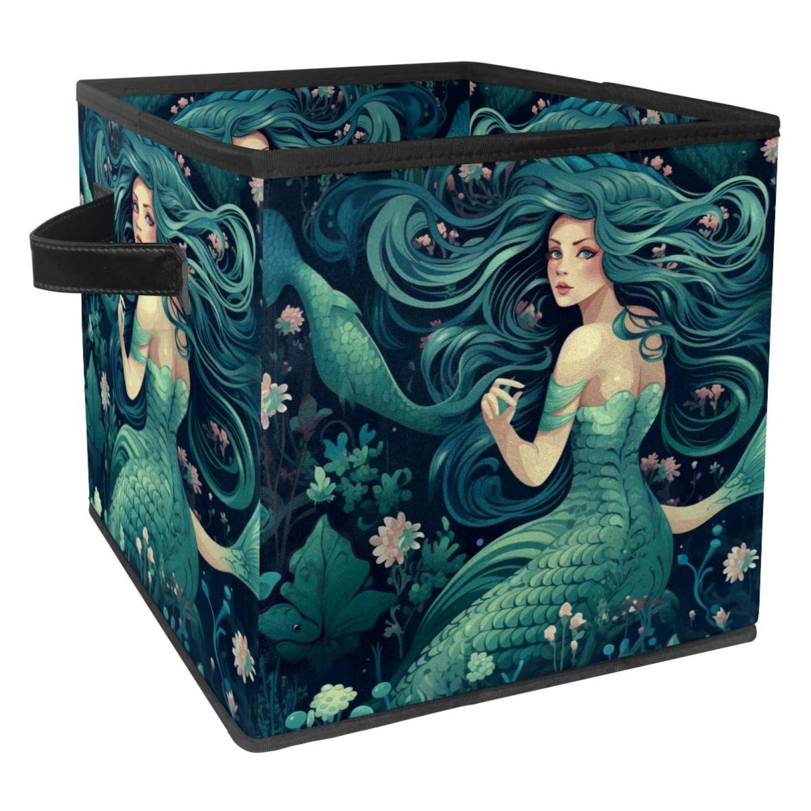 Mermaid Foldable Toy Box with Handle, 10.8"x10.5"x10.6", Large Capacity ...