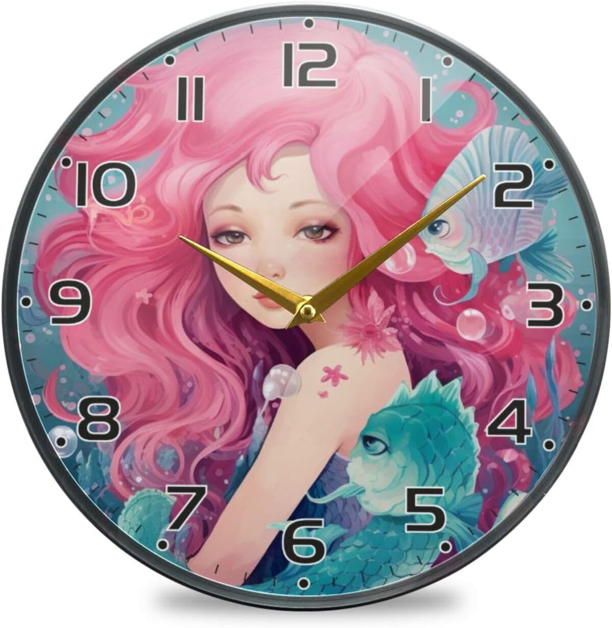 Mermaid Girl Wall Clock Round Silent Non Ticking Battery Operated ...