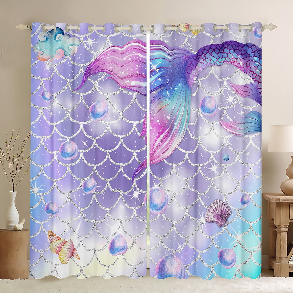 Mermaid Girls Blackout Curtains,Purple Rainbow Curtains Pink Mermaid ...