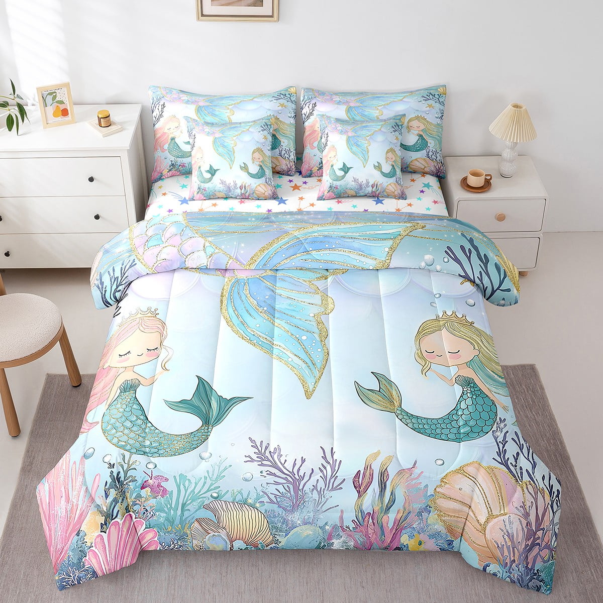 Mermaid Comforter Set 7 Pieces,Underwater World Princess Bed Set,Luxury ...