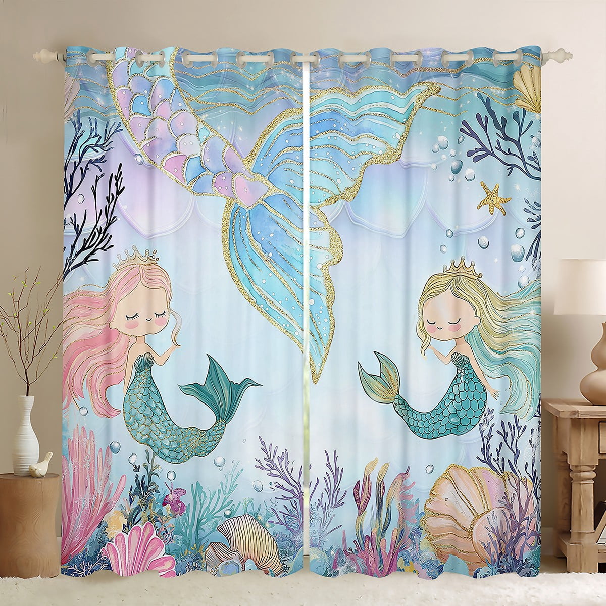 Mermaid Girls Curtains Kids/Adults Underwater World Princess Curtain ...