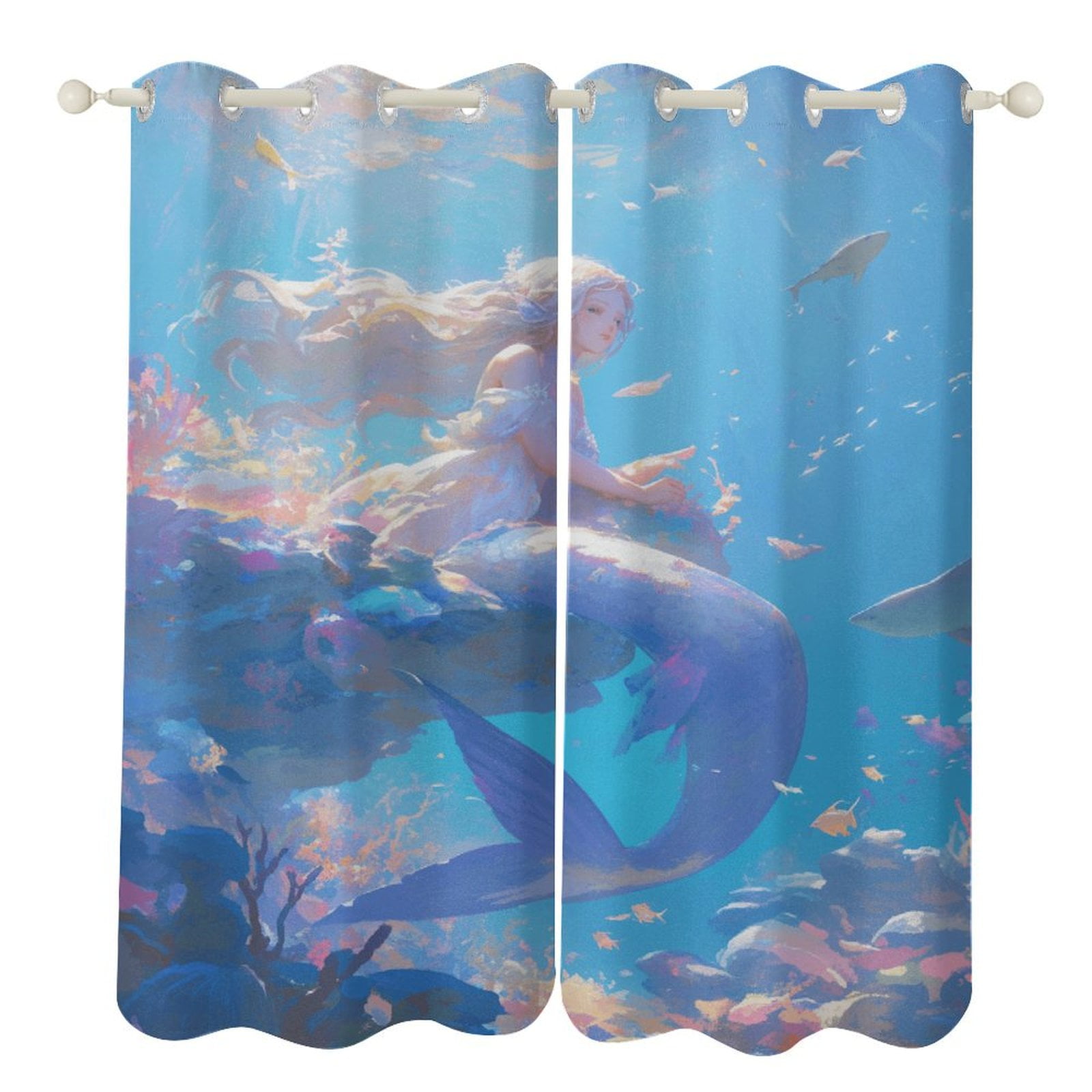 Mermaid Glitter Fish Scale Girls 2 Panel Curtain Set, Watercolor ...
