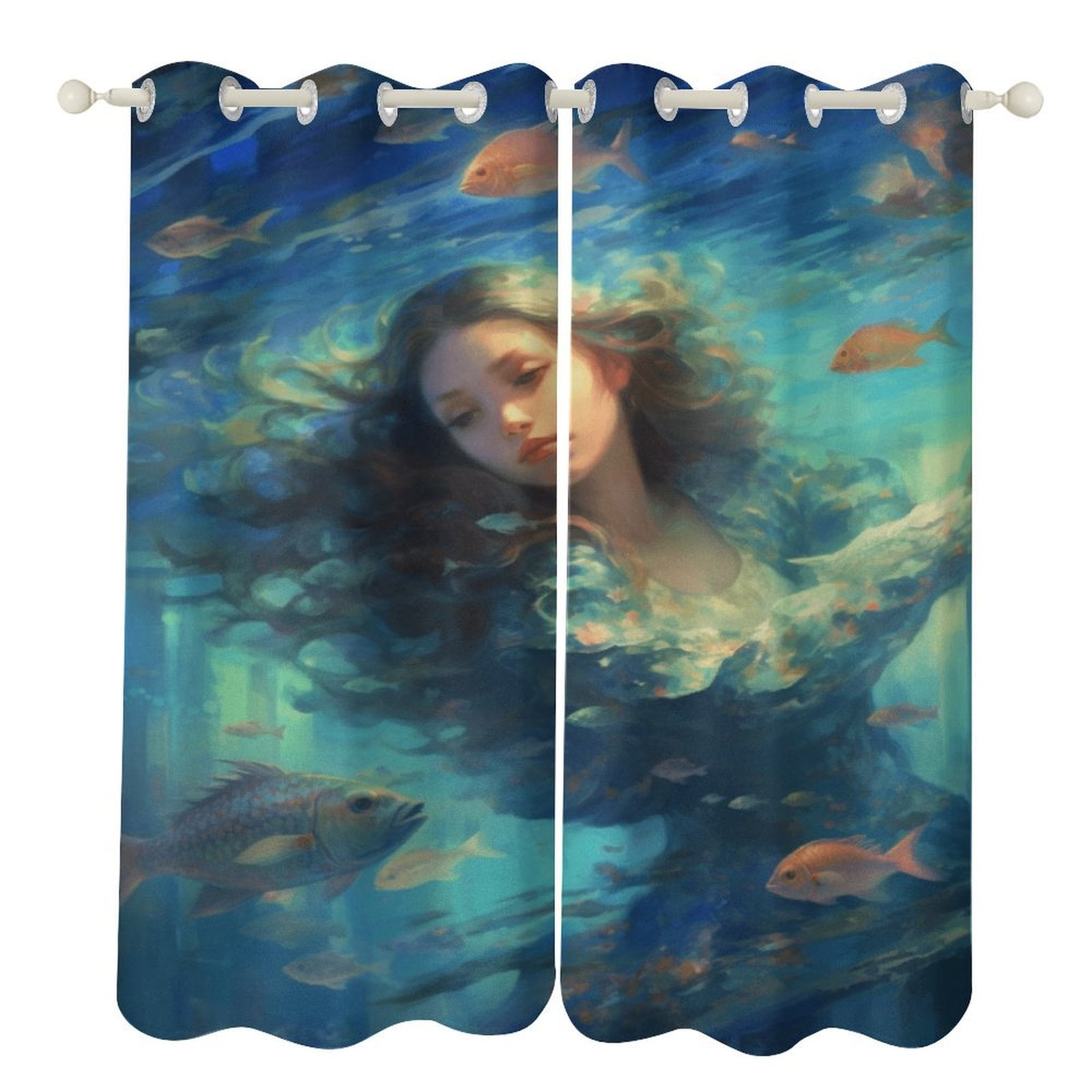 Mermaid Glitter Fish Scale Girls 2 Panel Curtain Set, Watercolor ...