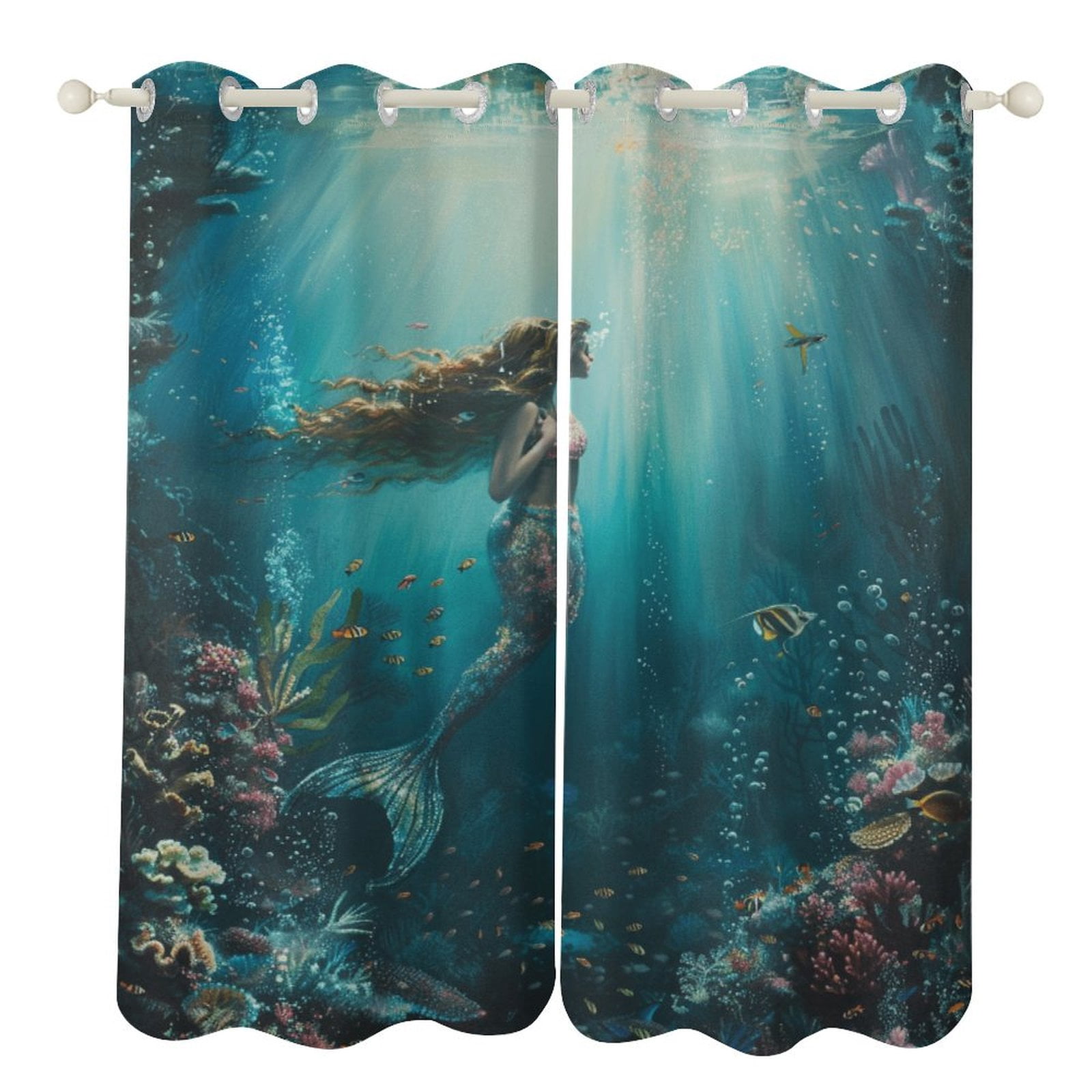 Mermaid Glitter Fish Scale Girls 2 Panel Curtain Set, Watercolor ...