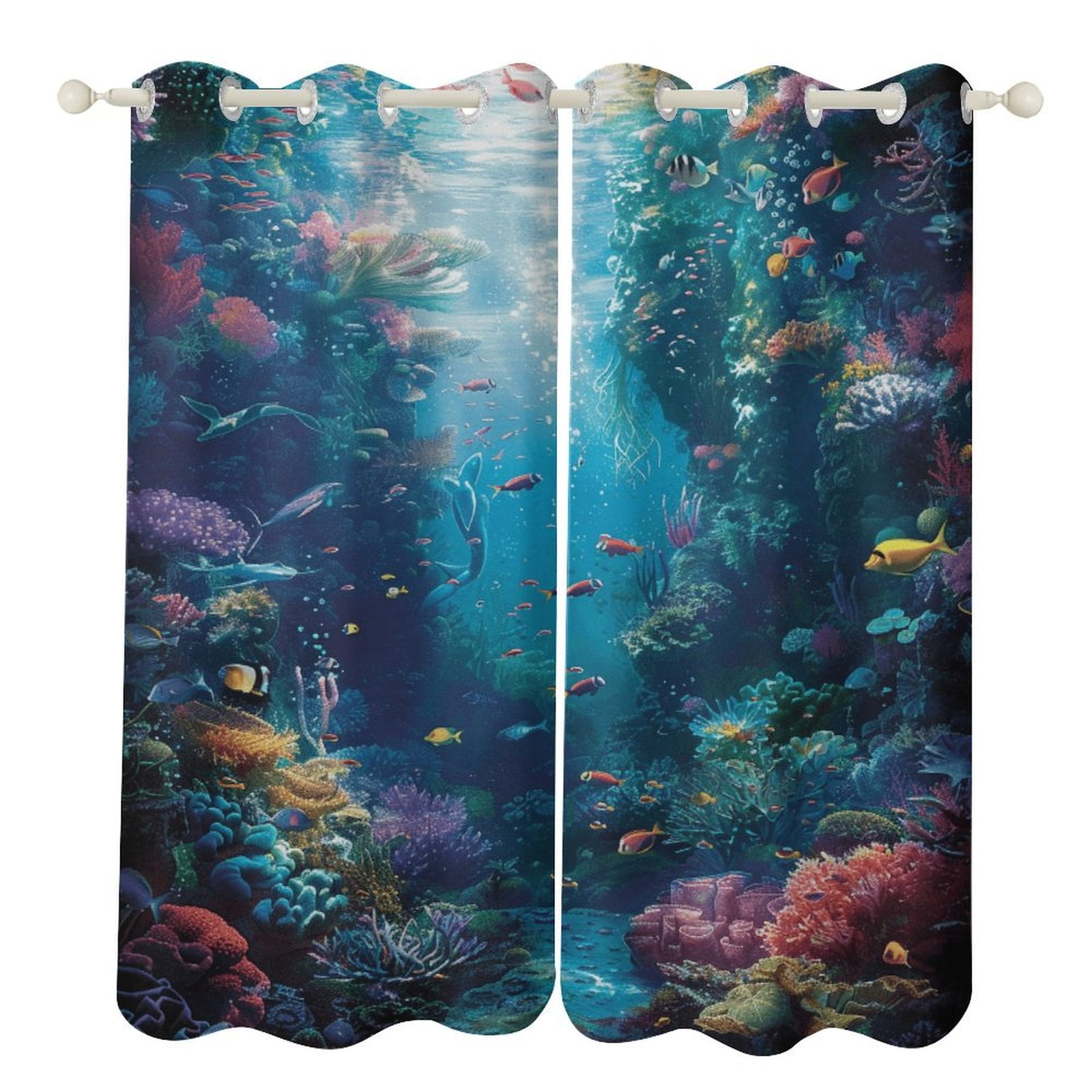 Mermaid Glitter Fish Scale Girls 2 Panel Curtain Set, Watercolor ...