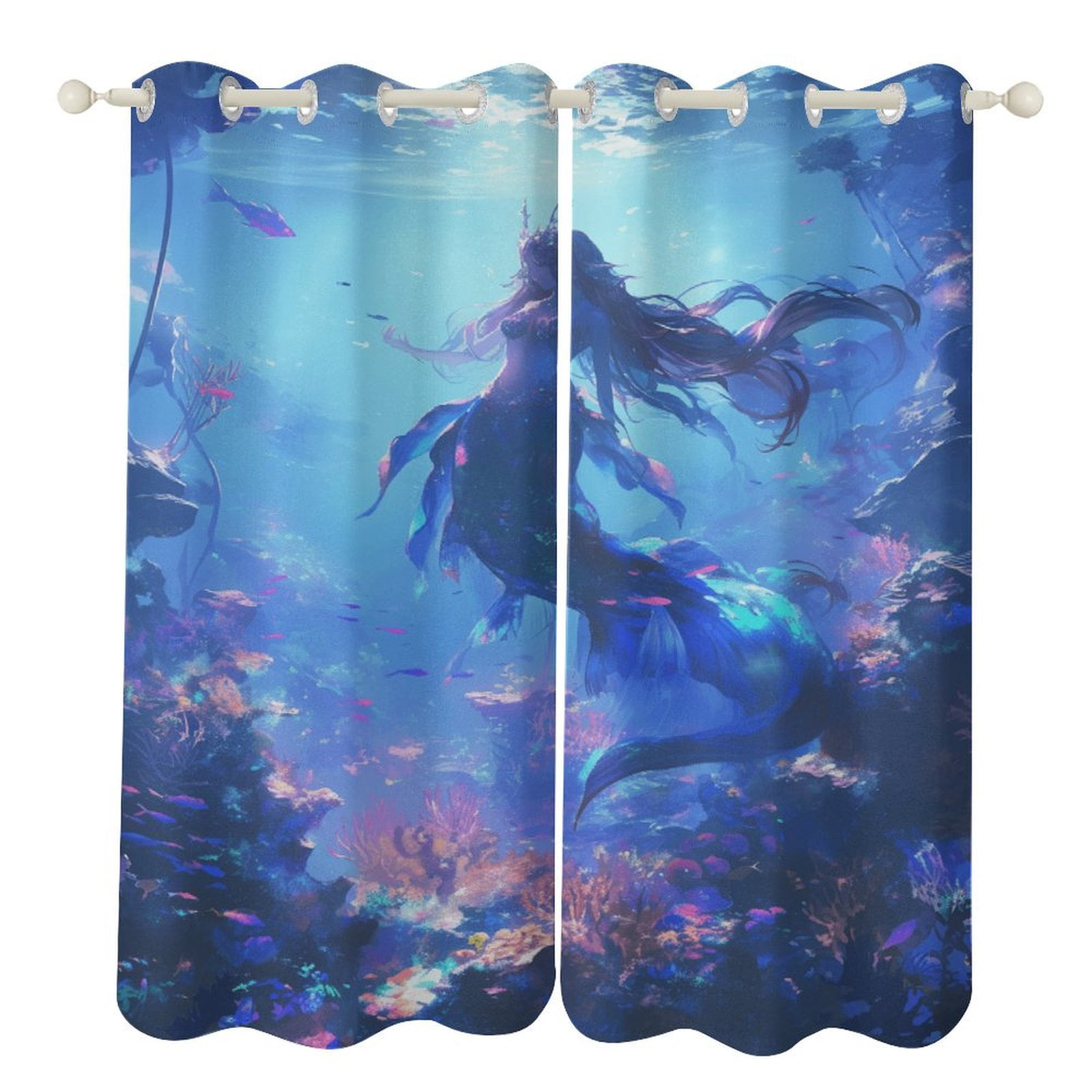 Mermaid Glitter Fish Scale Girls 2 Panel Curtain Set, Watercolor ...