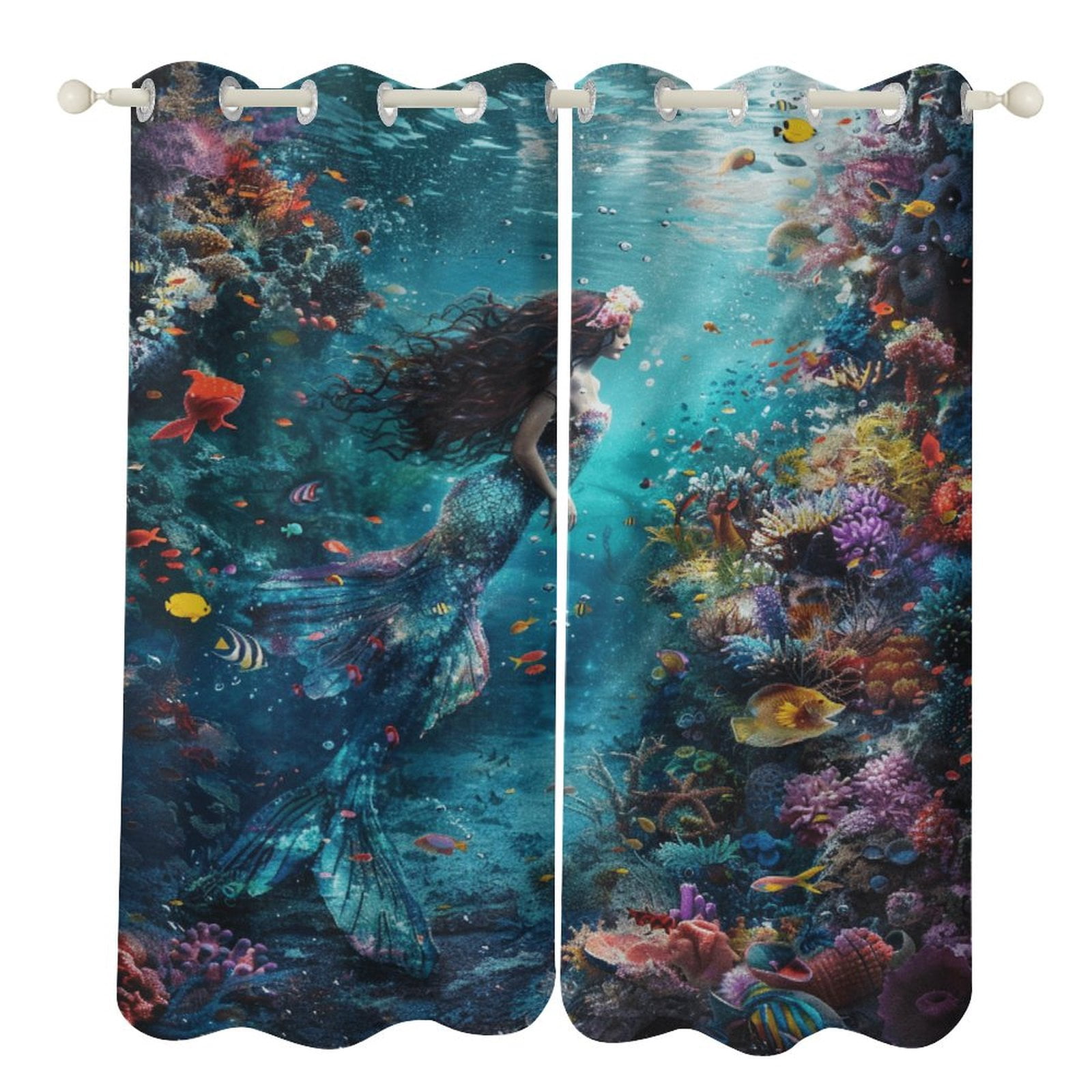 Mermaid Glitter Fish Scale Girls 2 Panel Curtain Set, Watercolor ...