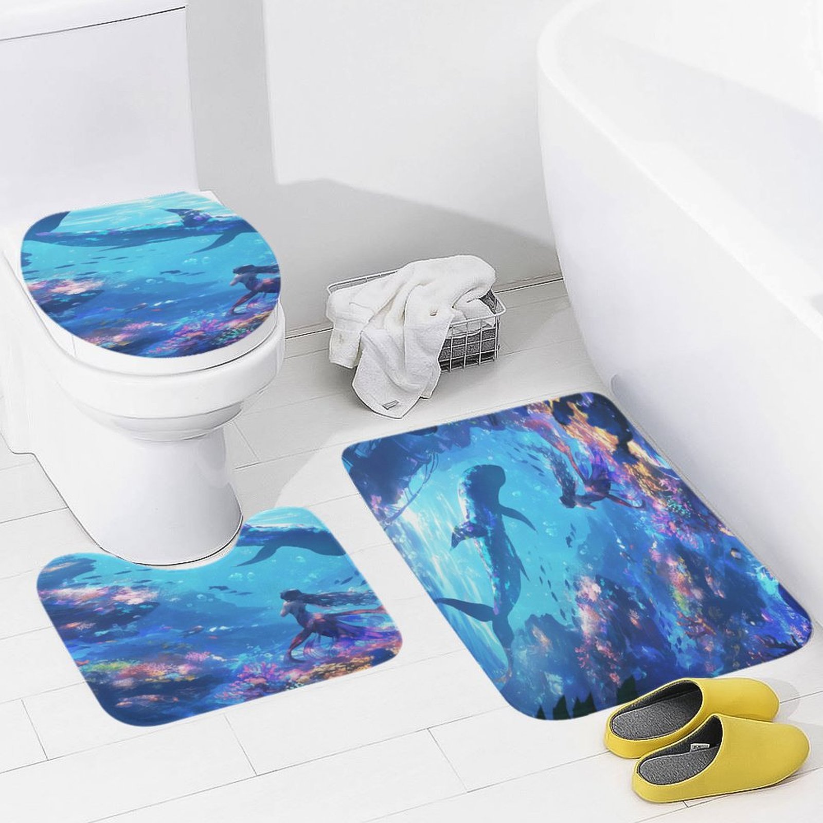 Mermaid Glitter Fish Scale Girls 3 Piece Bath Rugs Mat Set, Flannel ...
