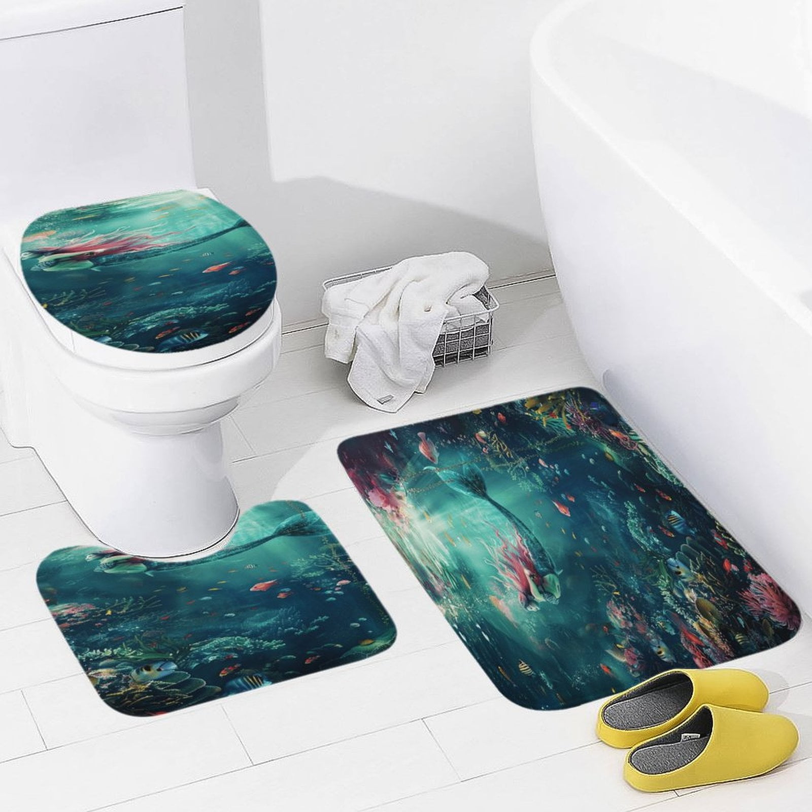 Mermaid Glitter Fish Scale Girls Bathroom Mats Set 3-piece Bath Mats ...