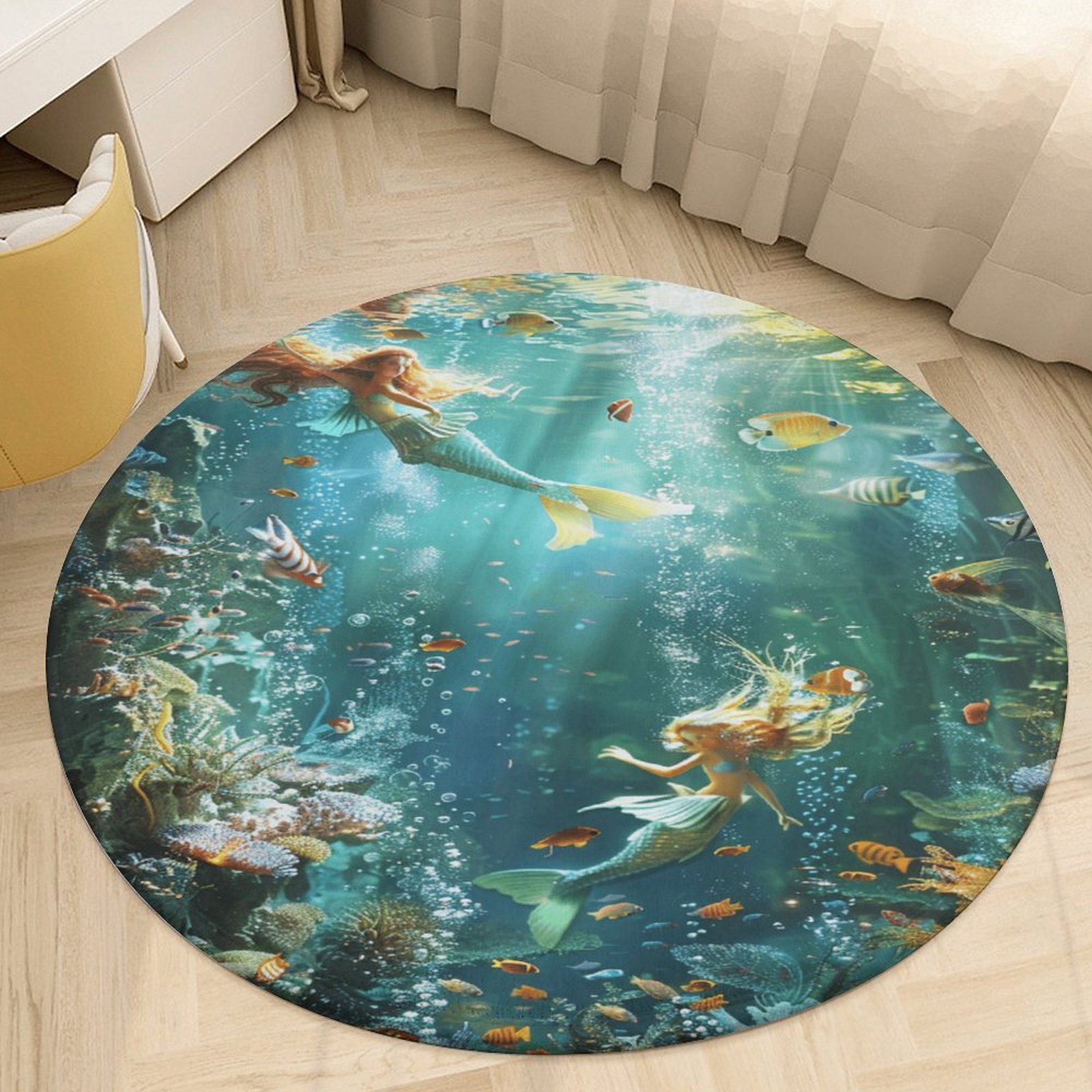 Mermaid Glitter Fish Scale Girls Round Rugs -Washable Non-Slip Small ...