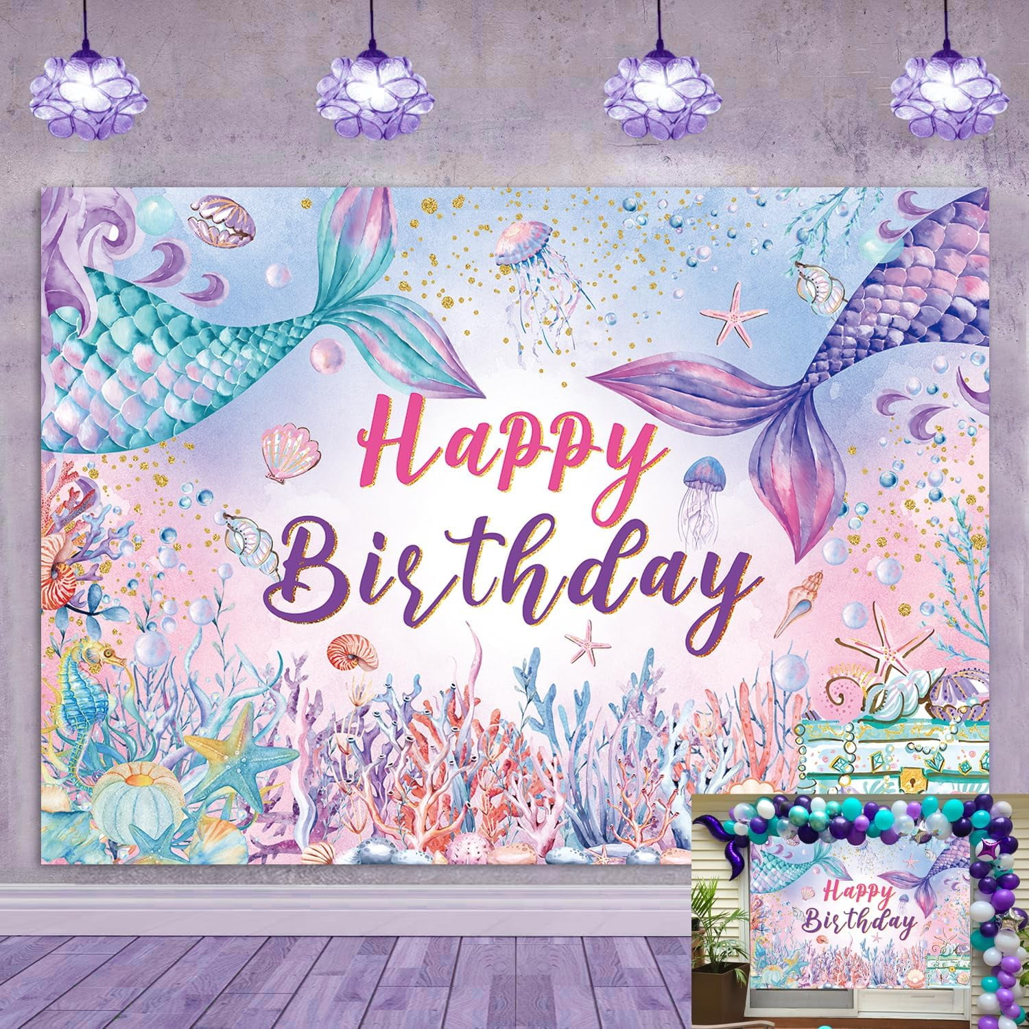 Mermaid Happy Birthday Backdrop Fish Tail Coral Decoration Banner ...