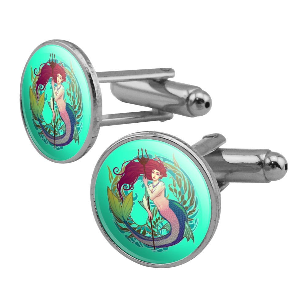Mermaid Holding Trident Circle Art Nouveau Kelp Round Cufflink Set ...
