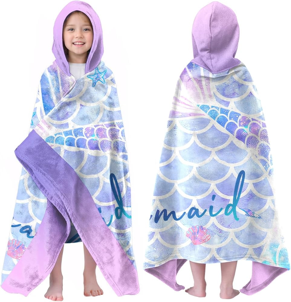 Mermaid Hooded Beach Towel for Girls, 30" x 50" Fish Scale Kids Poncho ...