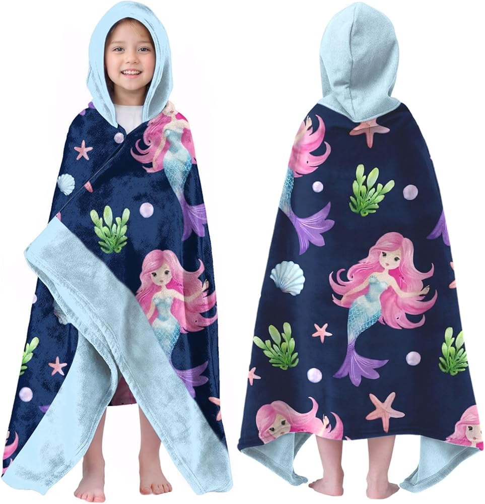 Mermaid Hooded Beach Towel for Girls, 30" x 50" Watercolor Ocean Kids ...