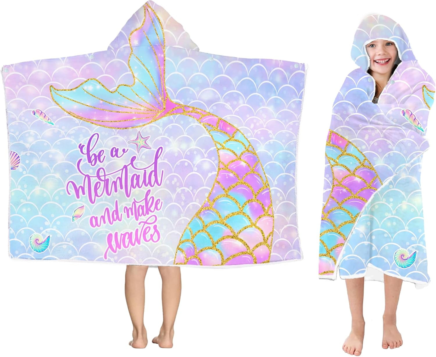Mermaid Hooded Beach Towel, Mermaid Tail Kids Hooded Poncho Towel for ...