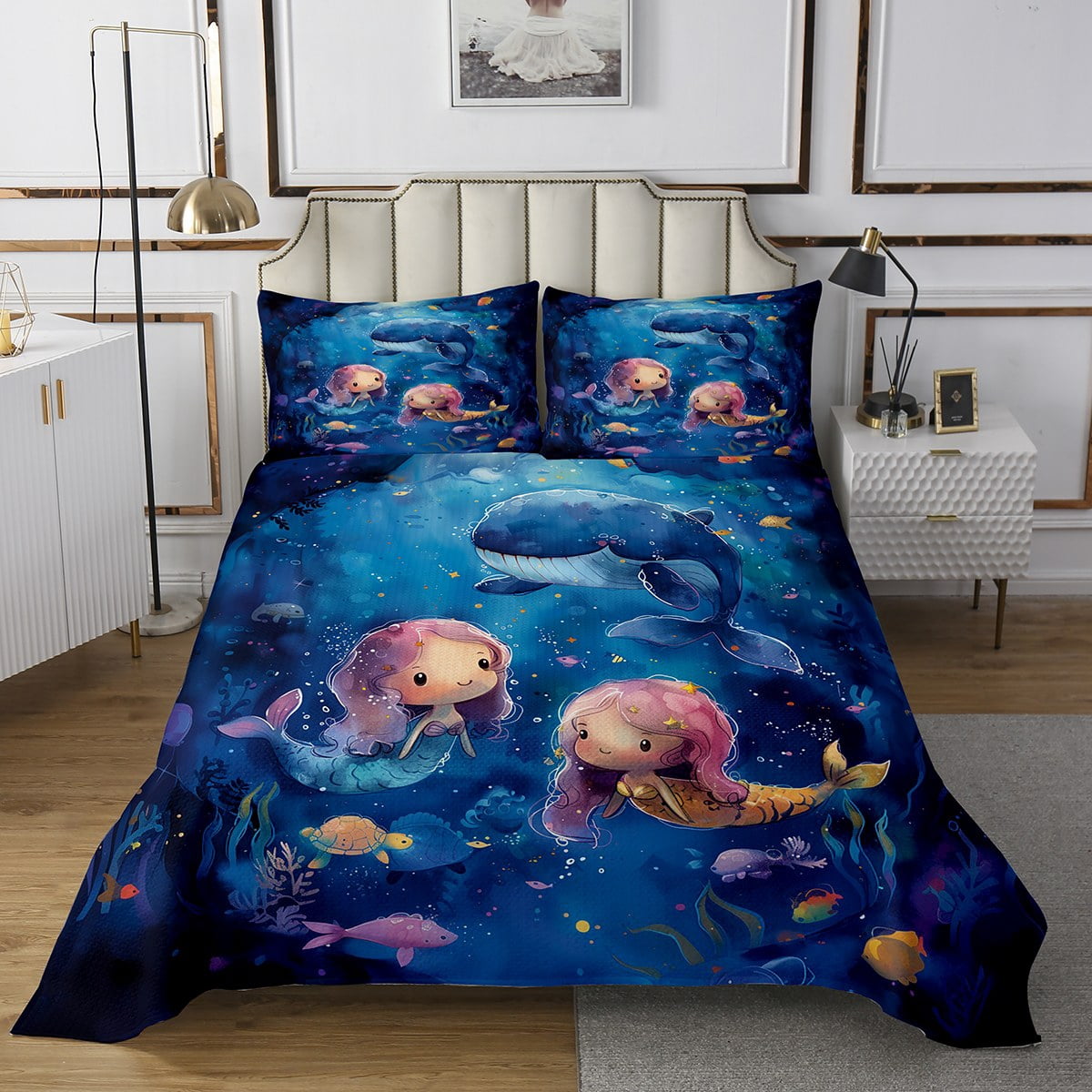 Mermaid Kids Quilt Set King Size Cute Cartoon Mermaid Bedspread for ...