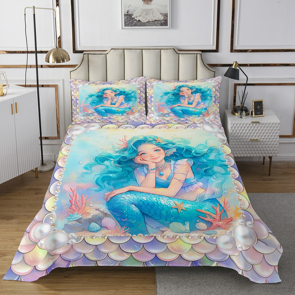 Mermaid King Quilt Set Mermaid Bedspread Blue Mermaid Tail Coverlet Set ...
