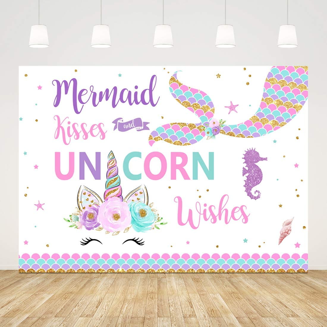 Mermaid Kisses Unicorn Wishes Backdrop Mermaid Tail Unicorn Birthday ...