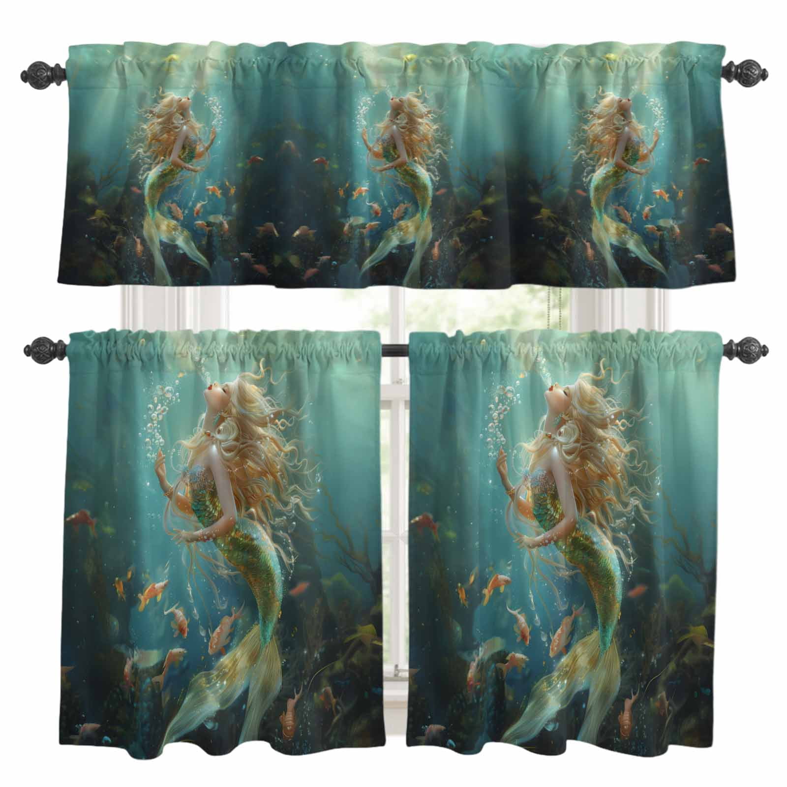 Mermaid Kitchen Curtains Valances and Tiers Set of 3 Ocean Tier ...