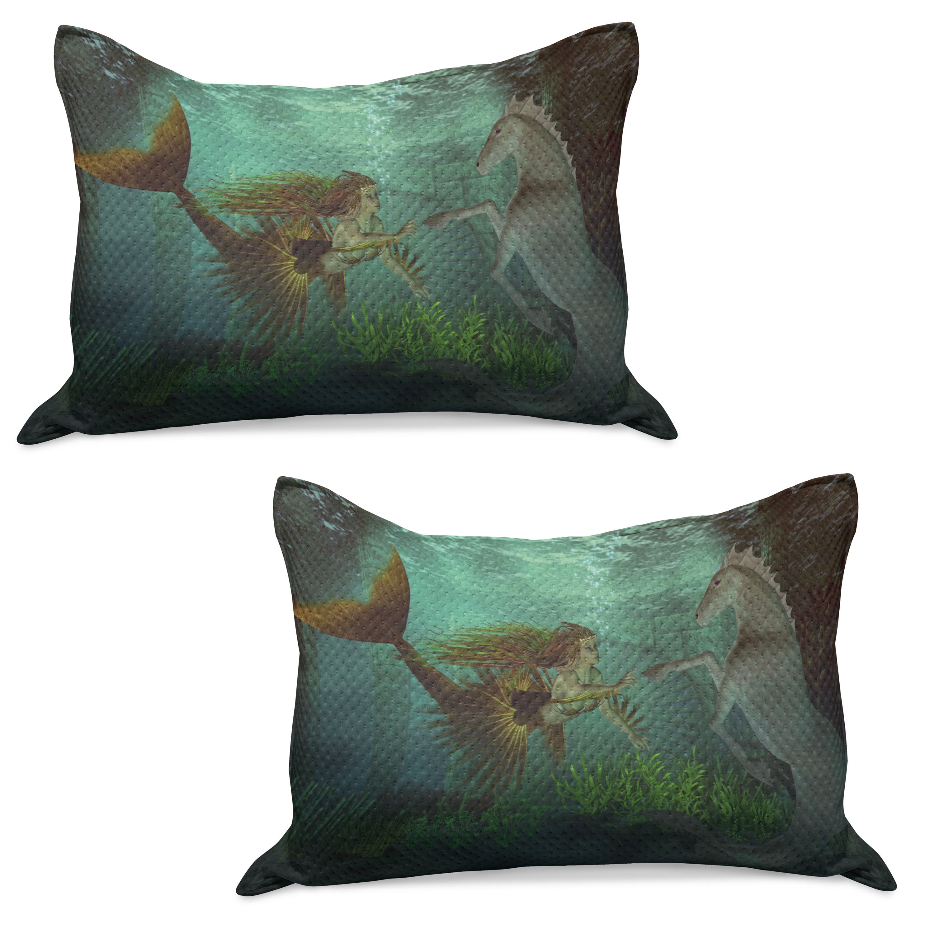 Mermaid Knitted Quilt Pillowcover Set of 2, Mermaid Meets Seahorse ...