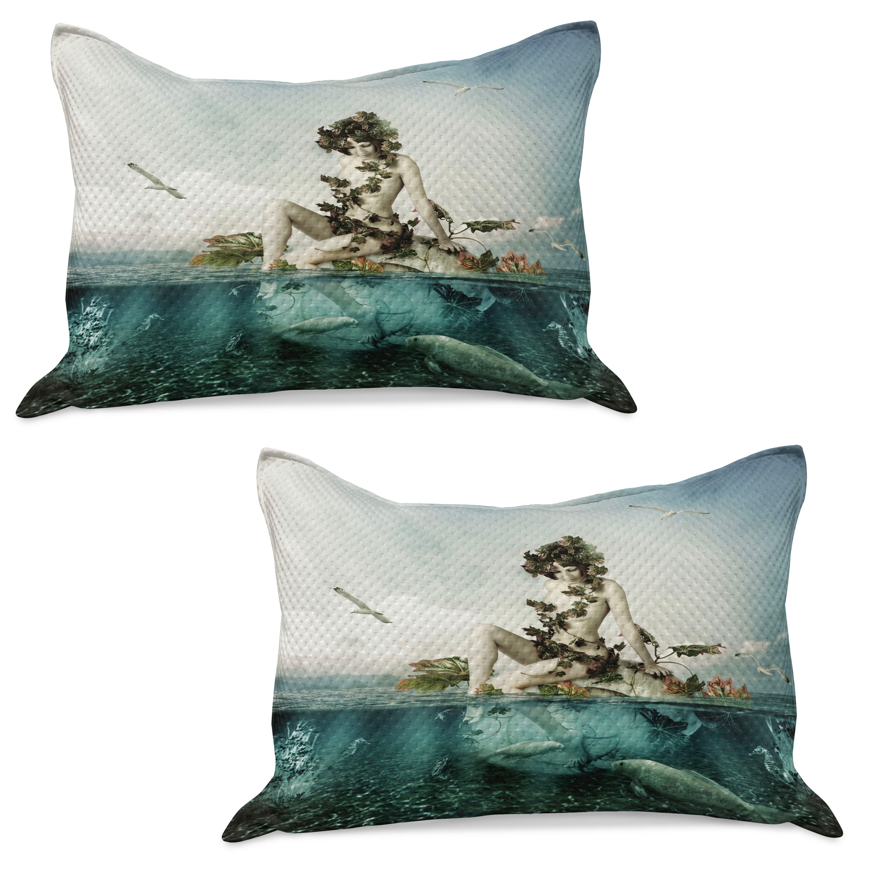 Mermaid Knitted Quilt Pillowcover Set of 2, Mythological Woman Sitting ...